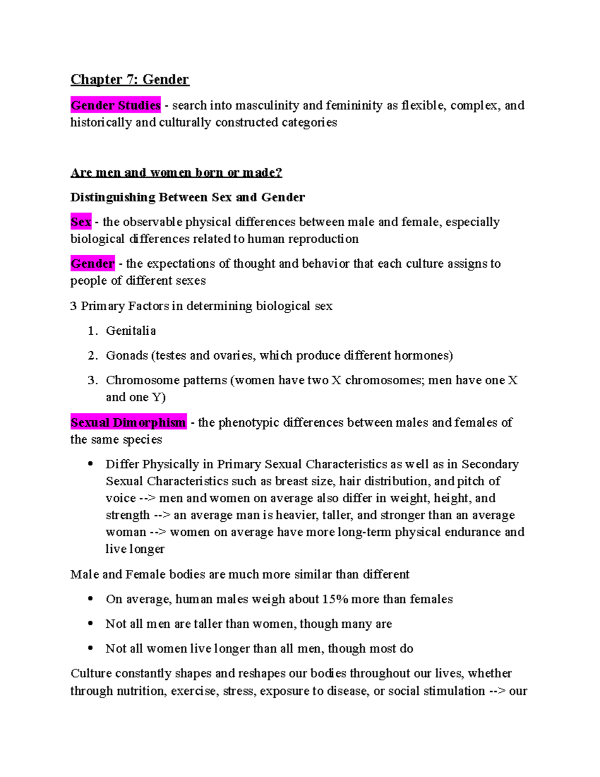 Chapter 7 Notes - Chapter 7: Gender Gender Studies - search into ...