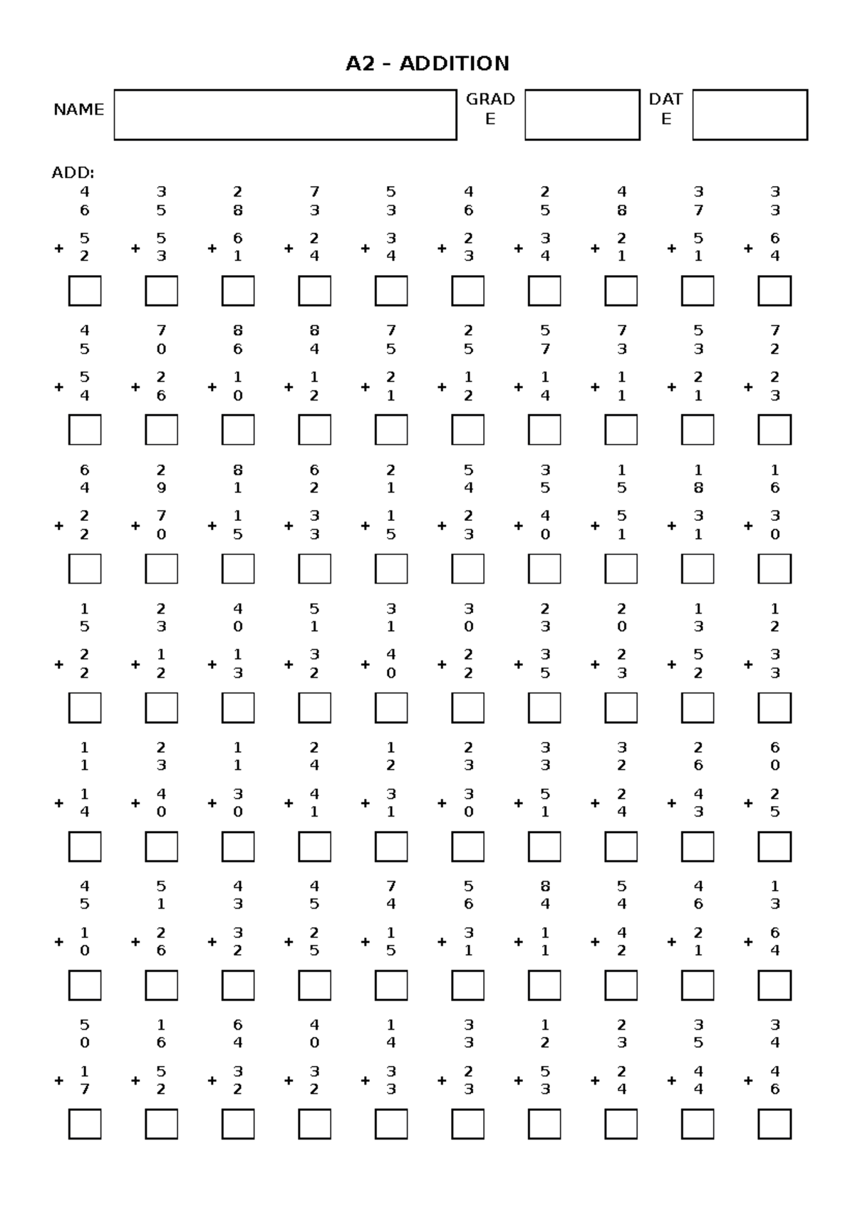 A2 S2 M2 D2 - Notes - A2 – ADDITION NAME GRAD E DAT E