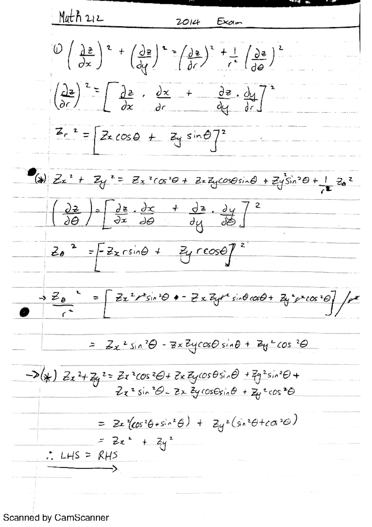 Math 212 2014 Solutions - Math 212 2014 Exam 1 dy 27 2 do (2))2 or dz. dx dx dr dy dr Zr2 Zx ...