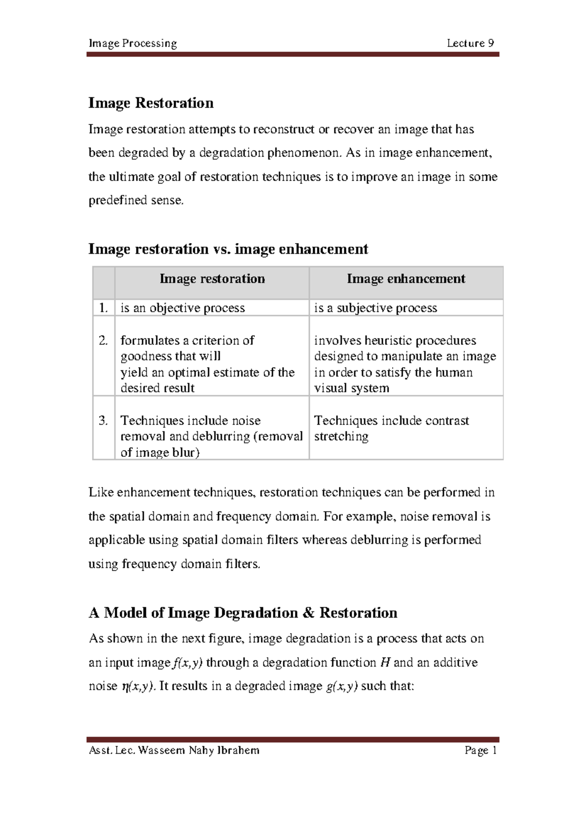 Image restoration - notes - Image Restoration Image restoration ...