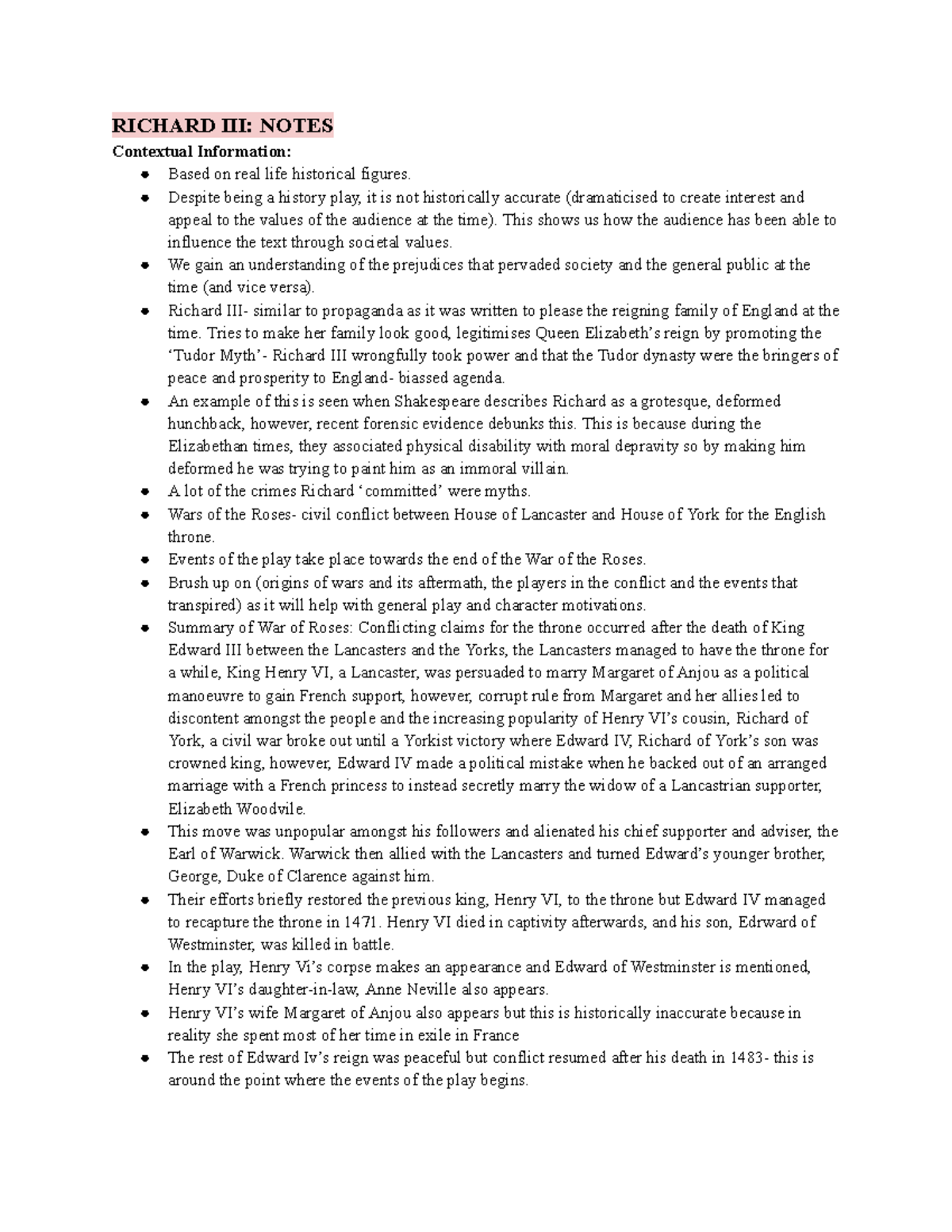 KING Richard III Notes - RICHARD III: NOTES Contextual Information ...