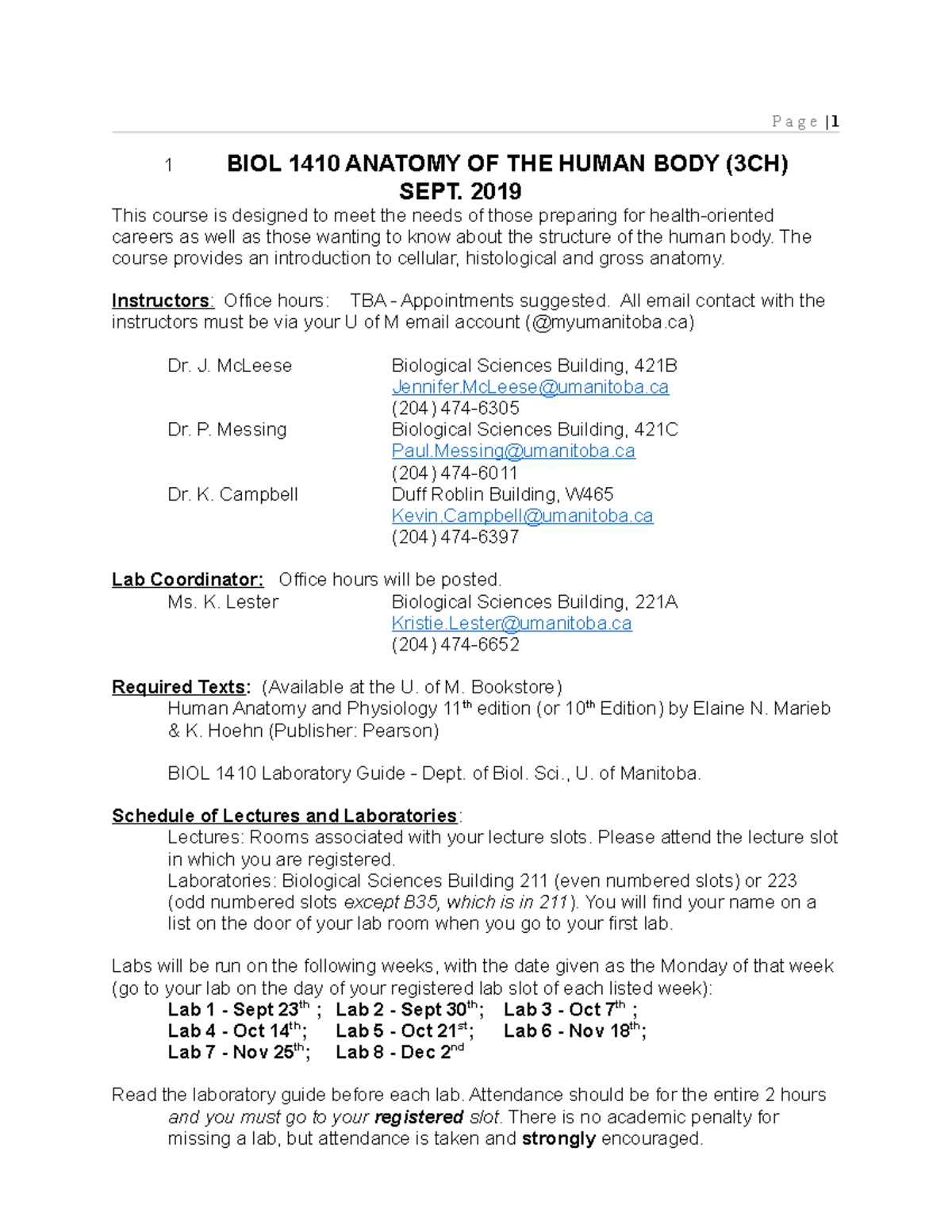 BIOL1410 syllabus 2019 - 1 BIOL 1410 ANATOMY OF THE HUMAN BODY (3CH ...