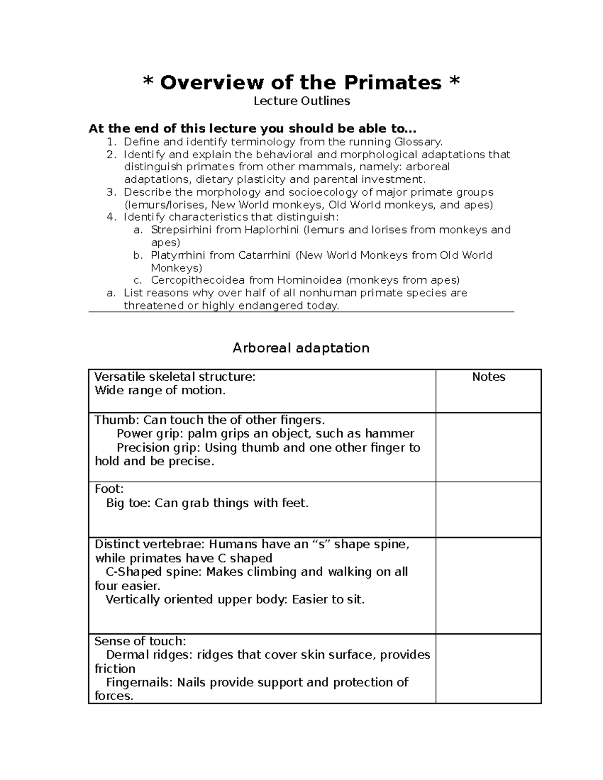 Module 8 Lecture Outline - * Overview of the Primates * Lecture ...