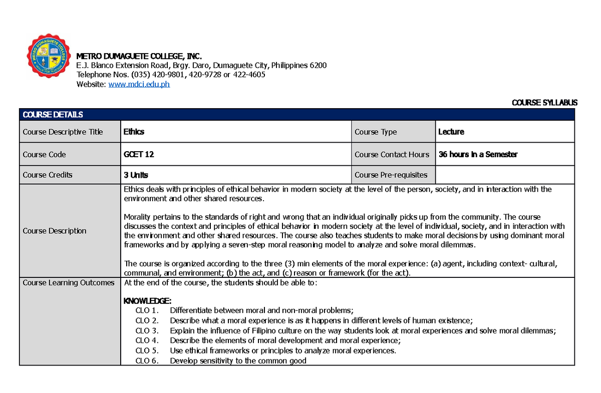 Syllabus FOR Ethics - HYFB GRT - METRO DUMAGUETE COLLEGE, INC. E ...
