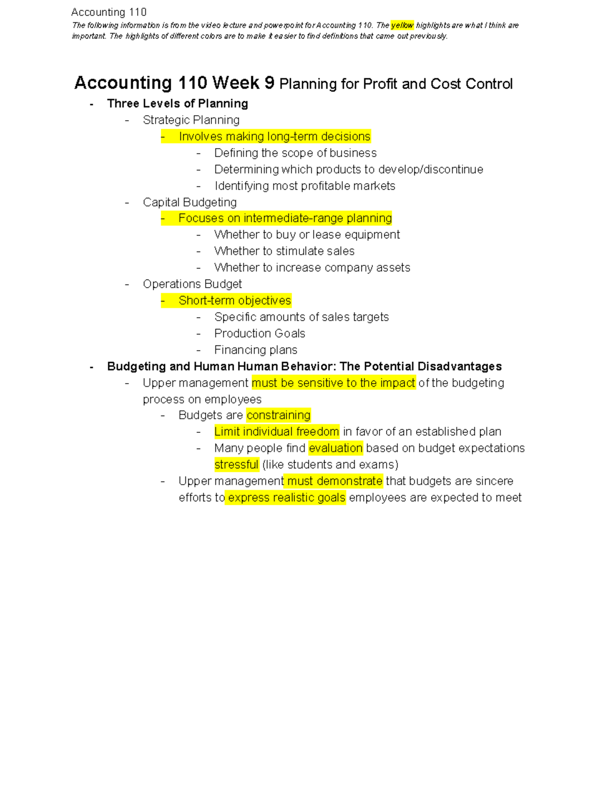 Week 9 Lecture Notes 10 Accounting 110 The Following Information Is From The Video Lecture