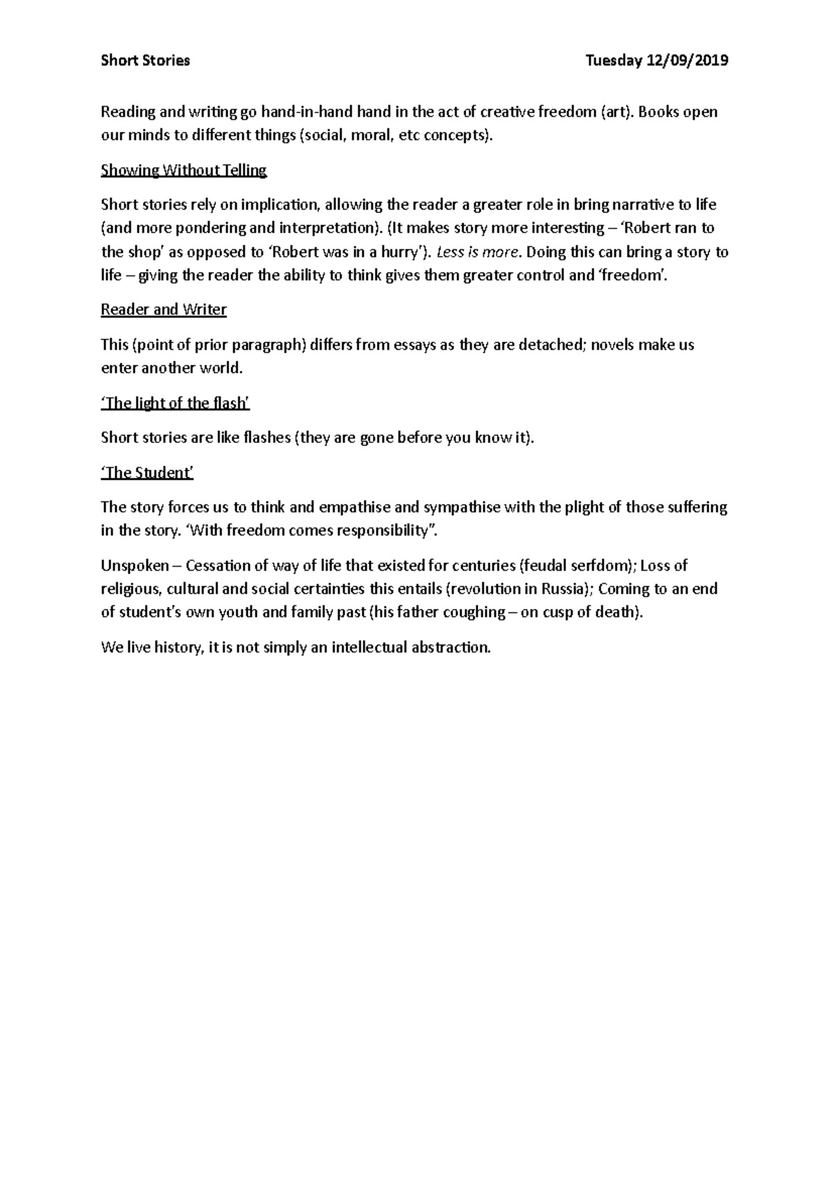 Lecture 3 - Short Stories 1 - Short Stories Tuesday 12/09/ Reading and ...