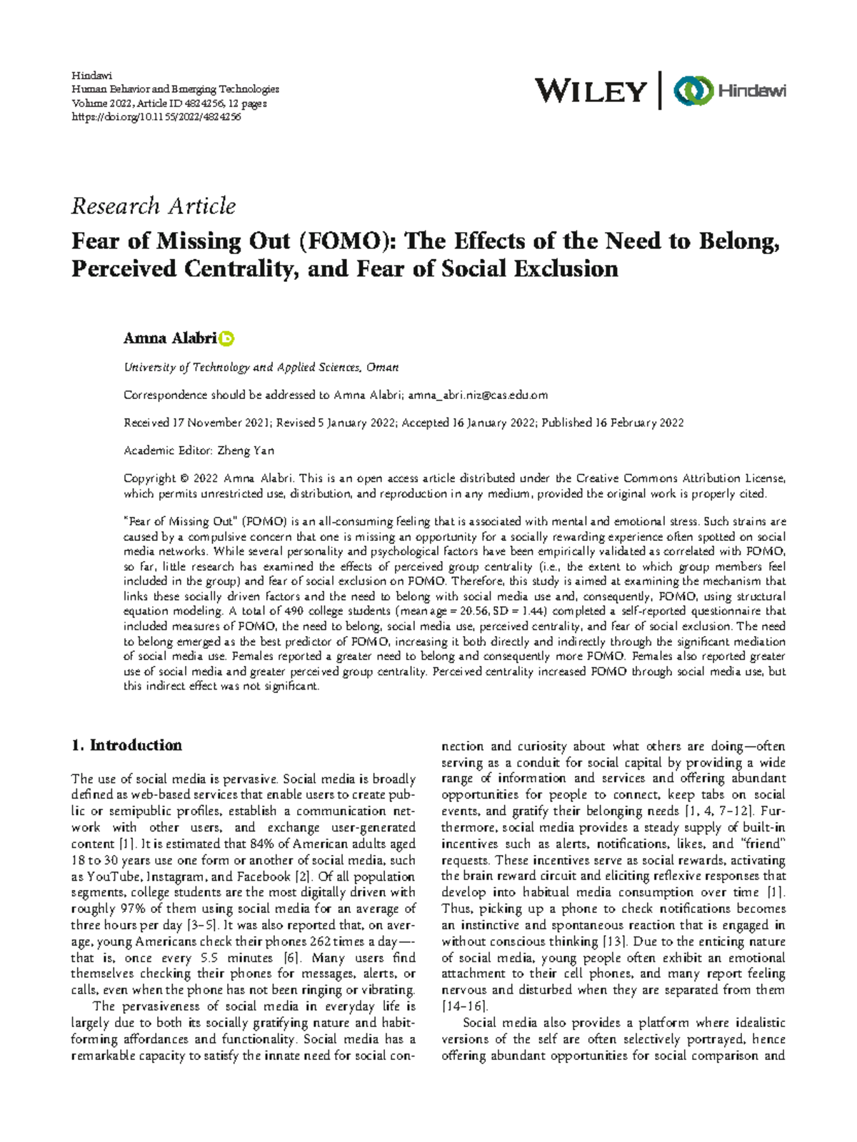 FOMO - xin chào - Research Article Fear of Missing Out (FOMO): The ...