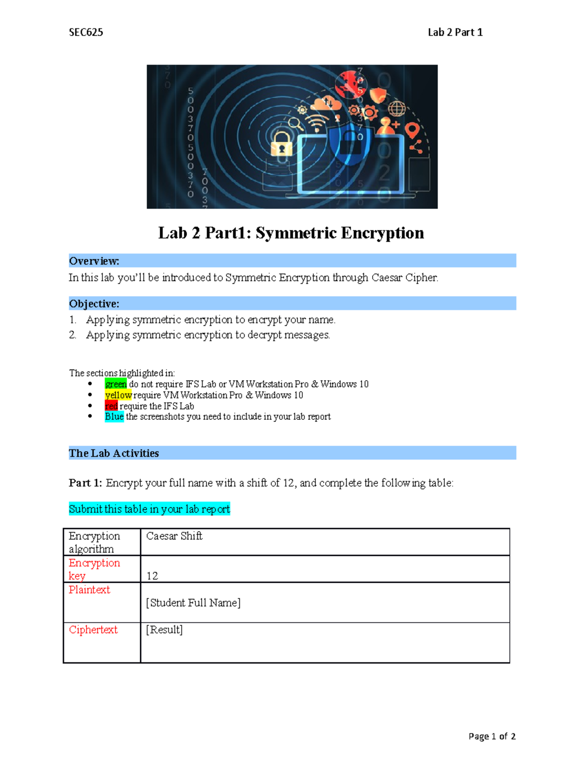 Sec220 Lab2 Part1 Symmetric Encryption Updated 24jan2022 Sec625 Lab 2 Part 1 Lab 2 Part1