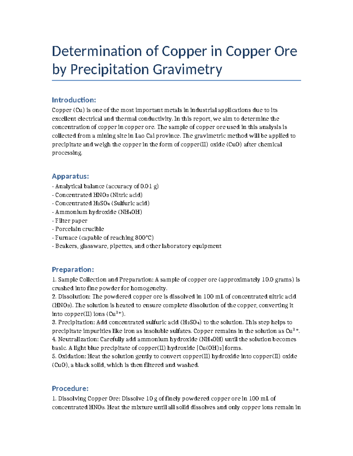 Determination of Copper in Copper Ore - In this report, we aim to ...