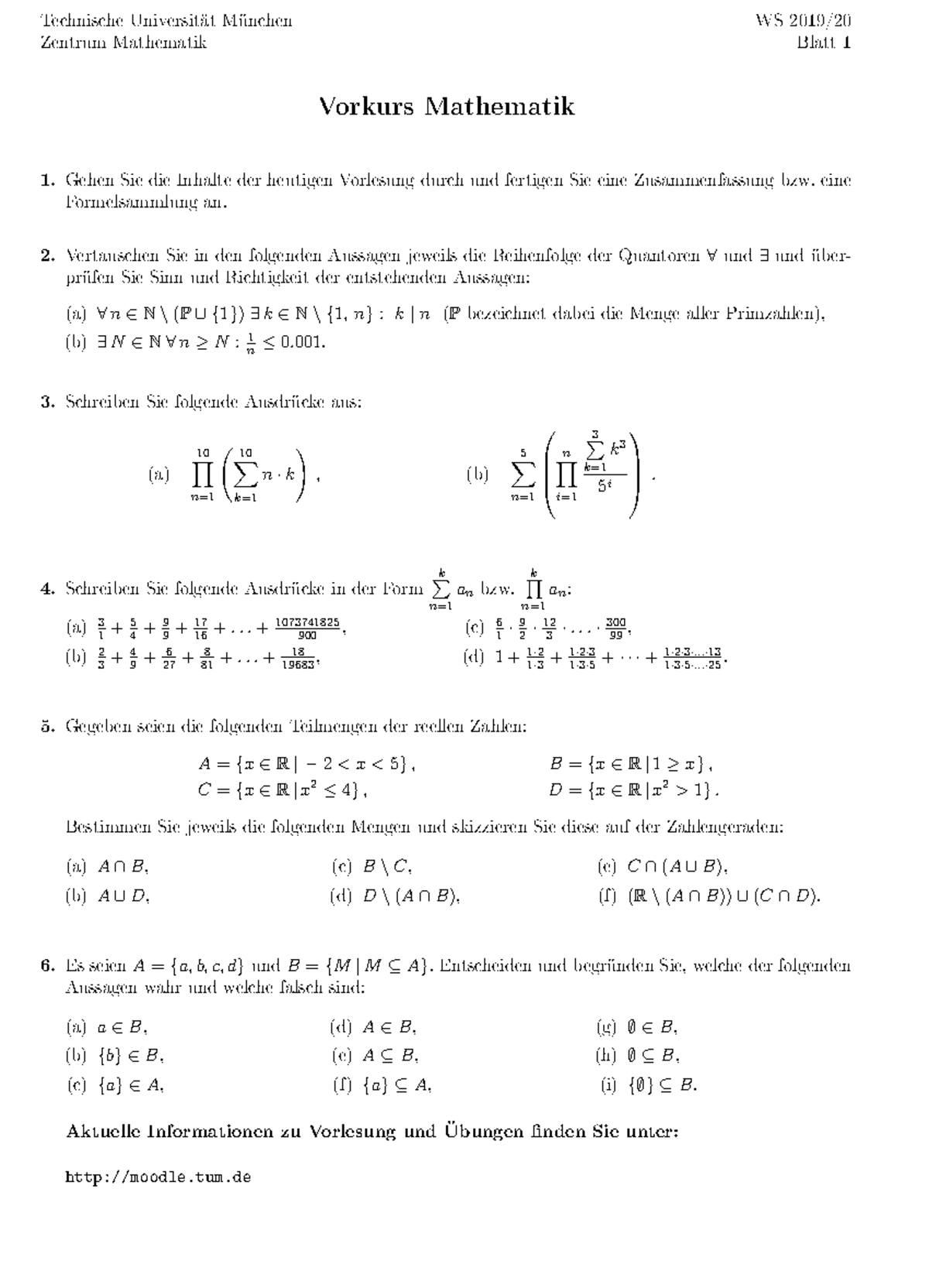 Blatt 1 - Vorkurs Mathematik - TUM - Studocu