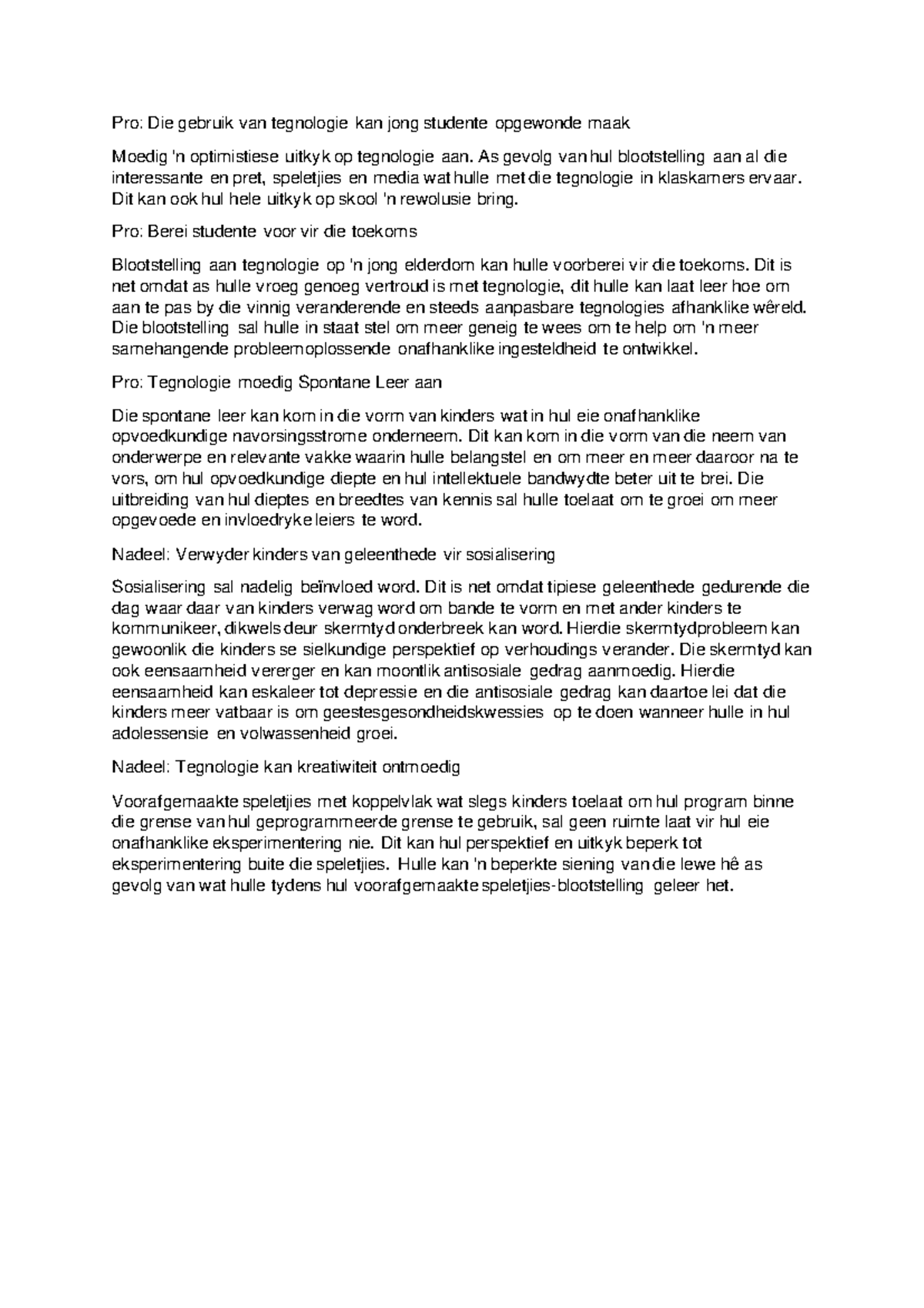 Afrikaans speech - Pro: Die gebruik van tegnologie kan jong studente opgewonde maak Moedig 'n ...