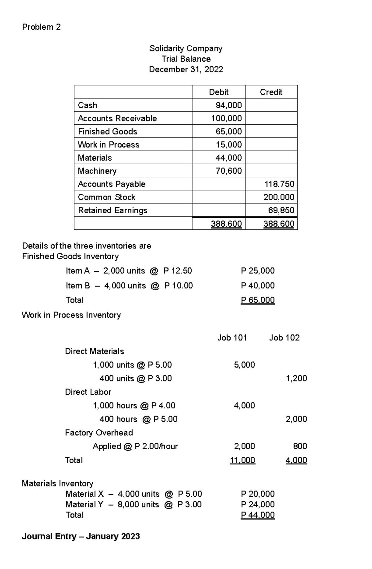 Cost accounting - Problem 2 Solidarity Company Trial Balance December ...