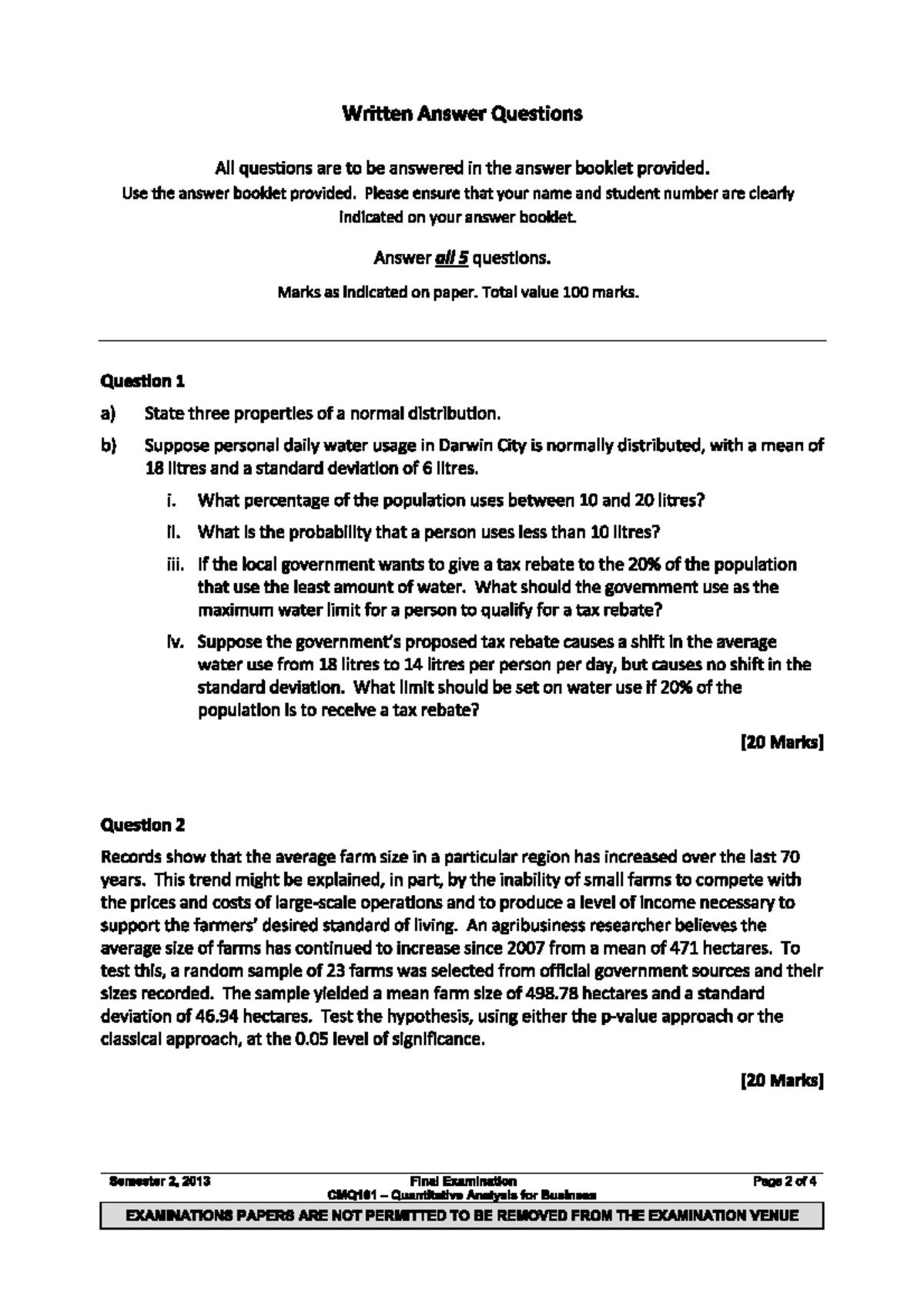 Sample/practice exam 2013, questions - QAB105 - Studocu