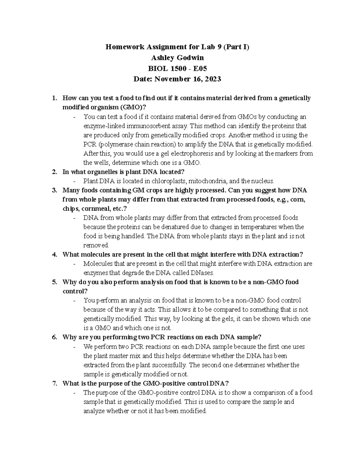 Lab 9 (Investigating Genetically Modified Food) - Part 1 - Homework Assignment for Lab 9 (Part I ...