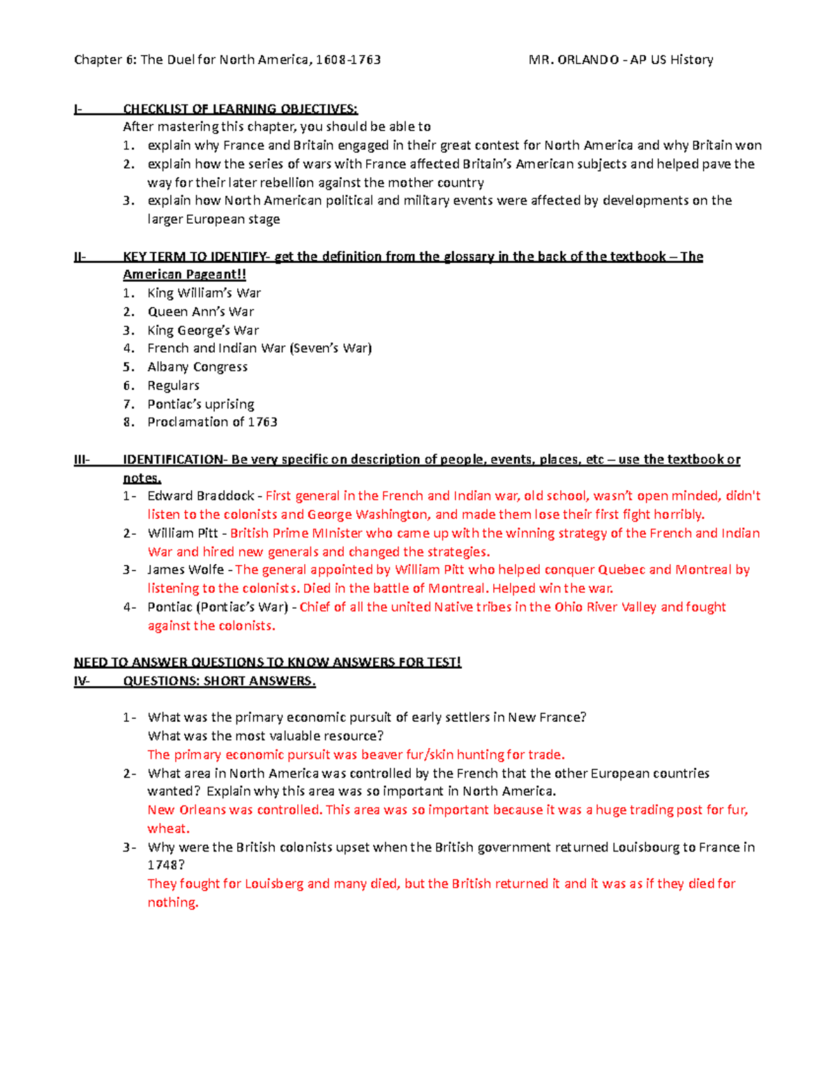 Study guide ch 6 - Chapter 6: The Duel for North America, 1608-1763 MR ...