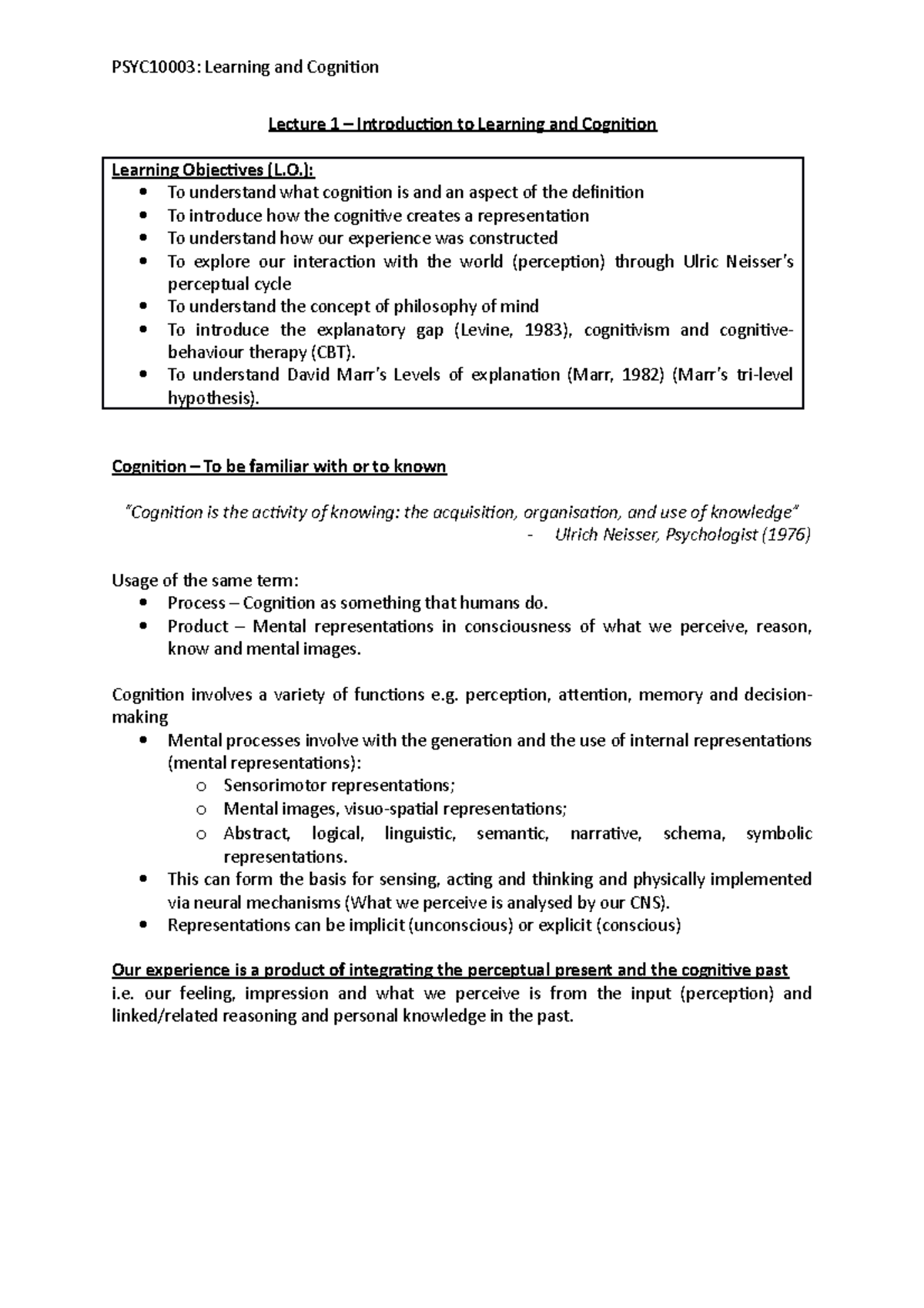 Lecture 1 Introduction To Learning And Cognition Psyc10003 Learning And Cognition Lecture 1