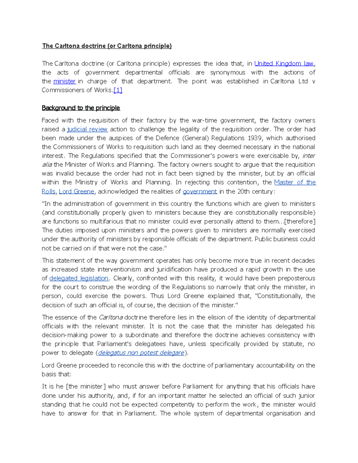 Carltona Ltd v Commissioners of Works - The Carltona doctrine (or ...