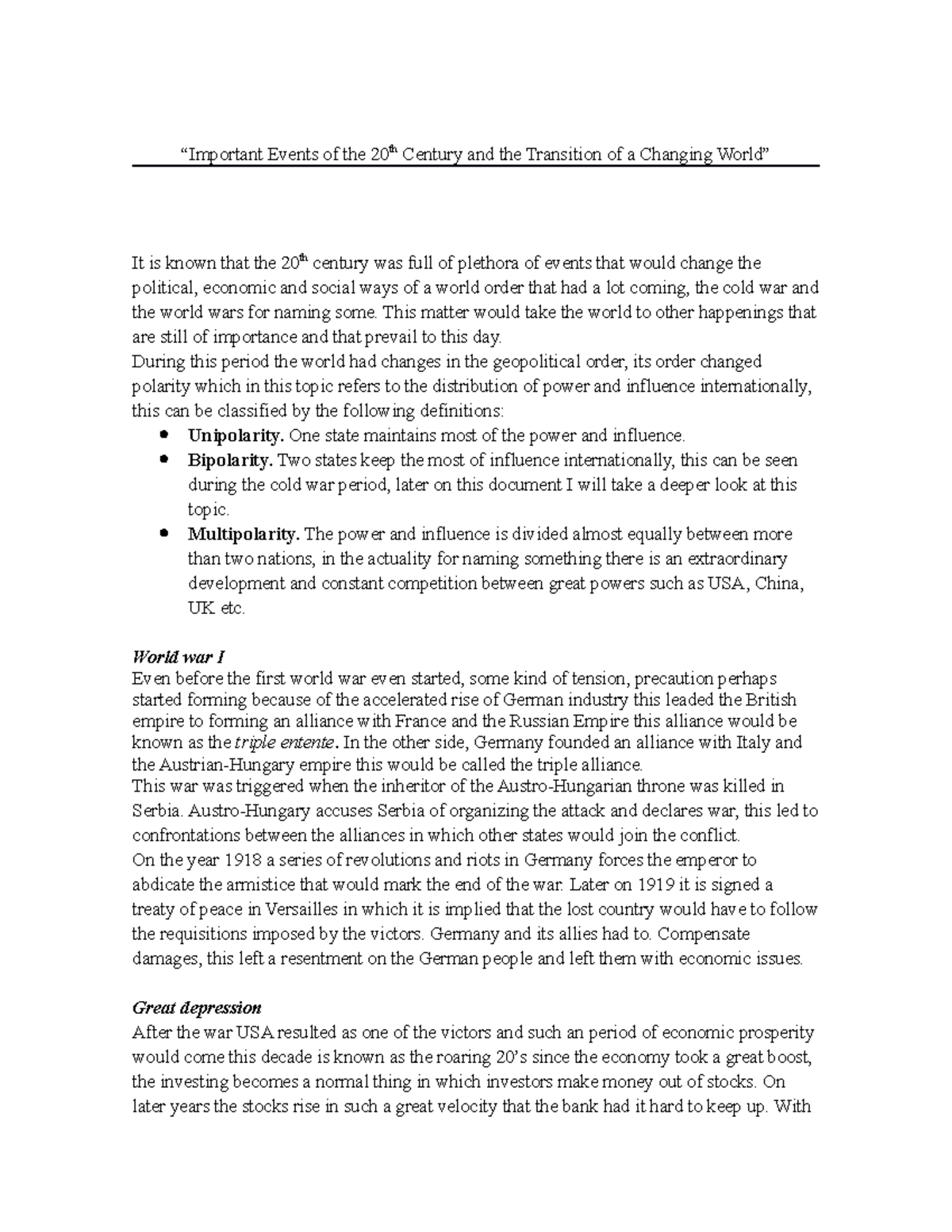 Contemporary world - Evidencia 2 - “Important Events of the 20th ...