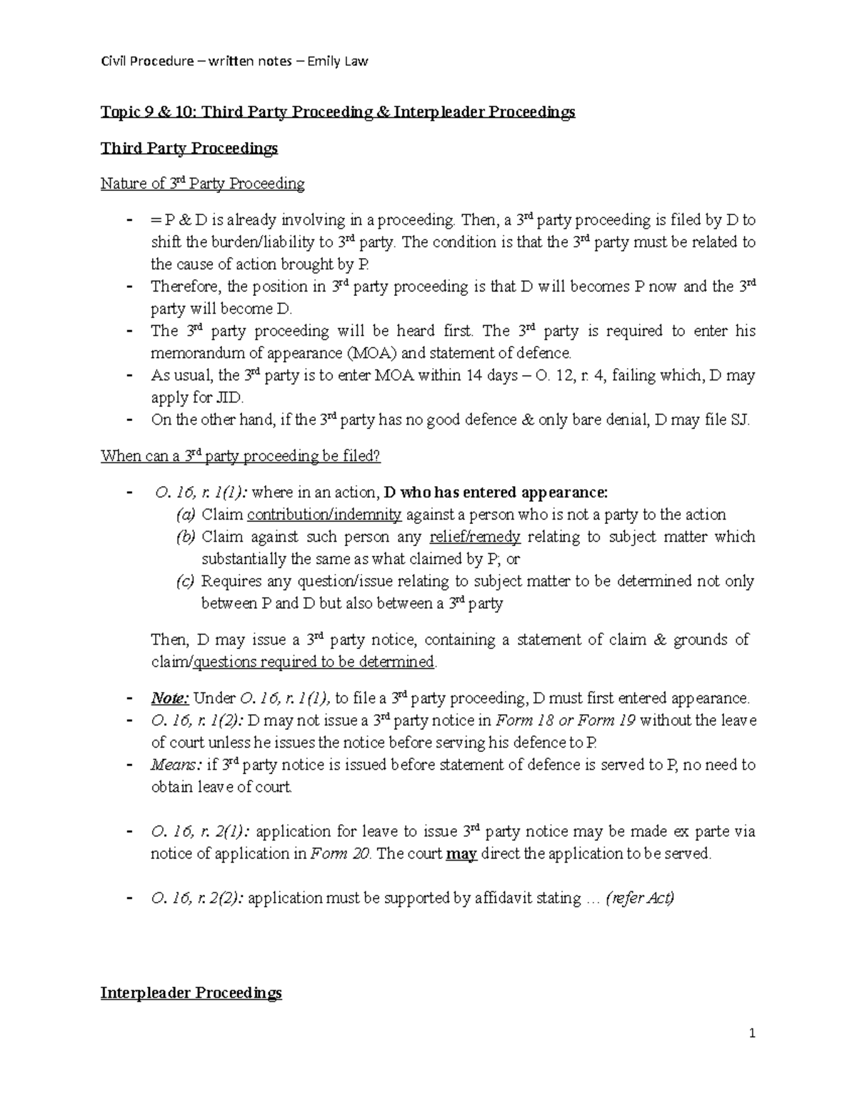 Written Notes Topic 9 10 civil - Civil Procedure – written notes ...