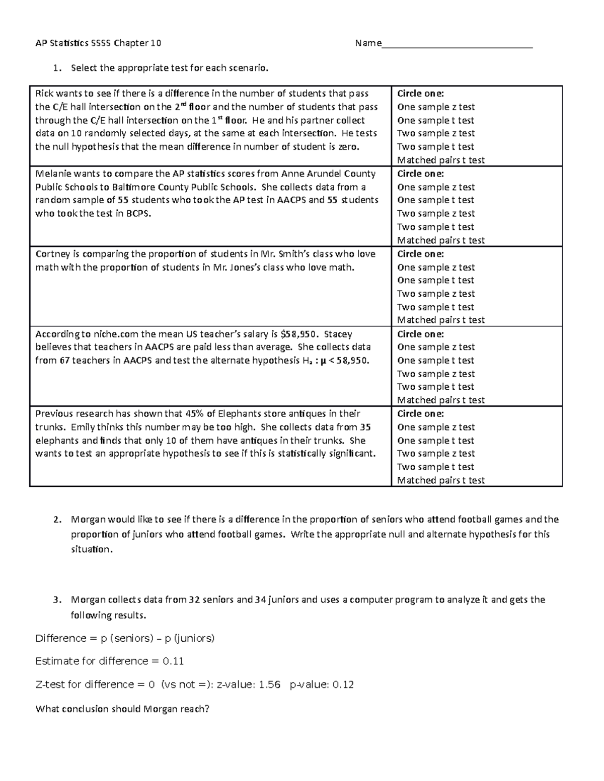SSSS Chapter 10 - AP Statistics SSSS Chapter 10 Name ...