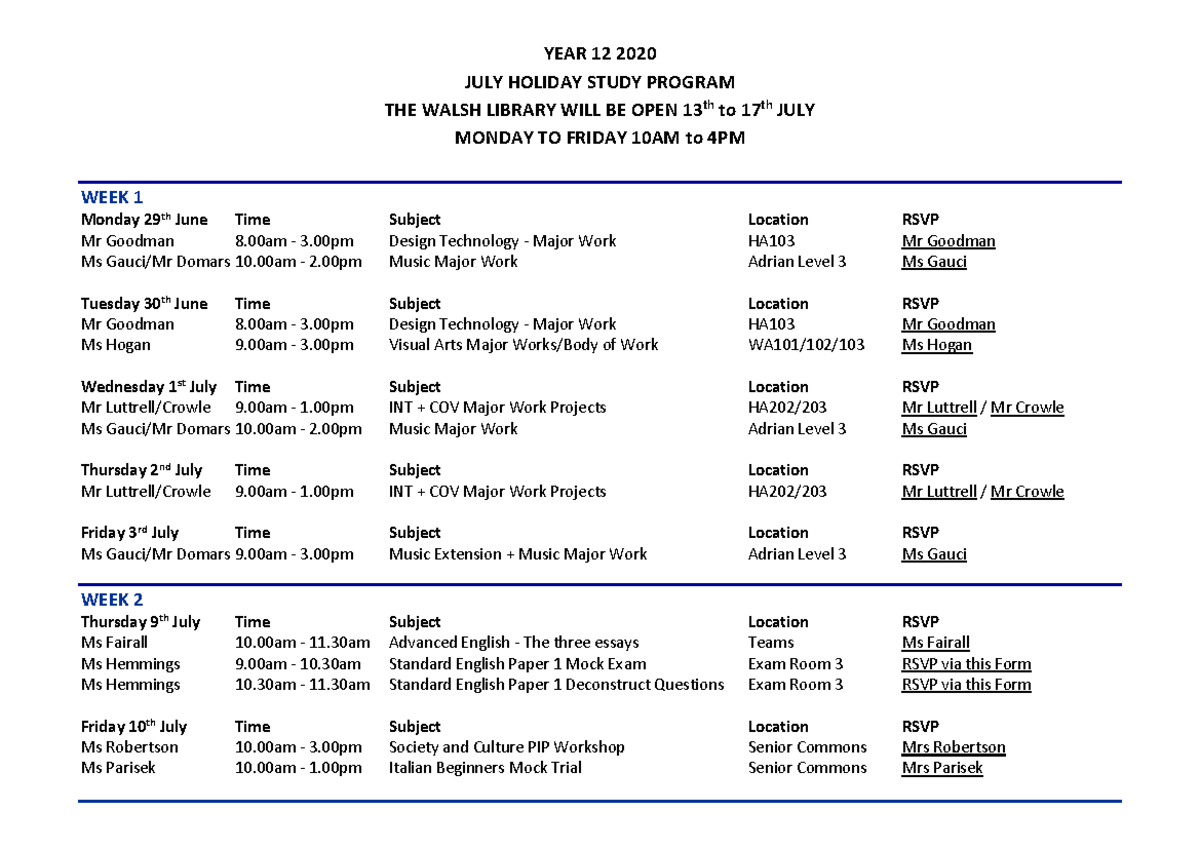 Yr12 2020 Holiday Study Program - YEAR 12 2020 JULY HOLIDAY STUDY ...