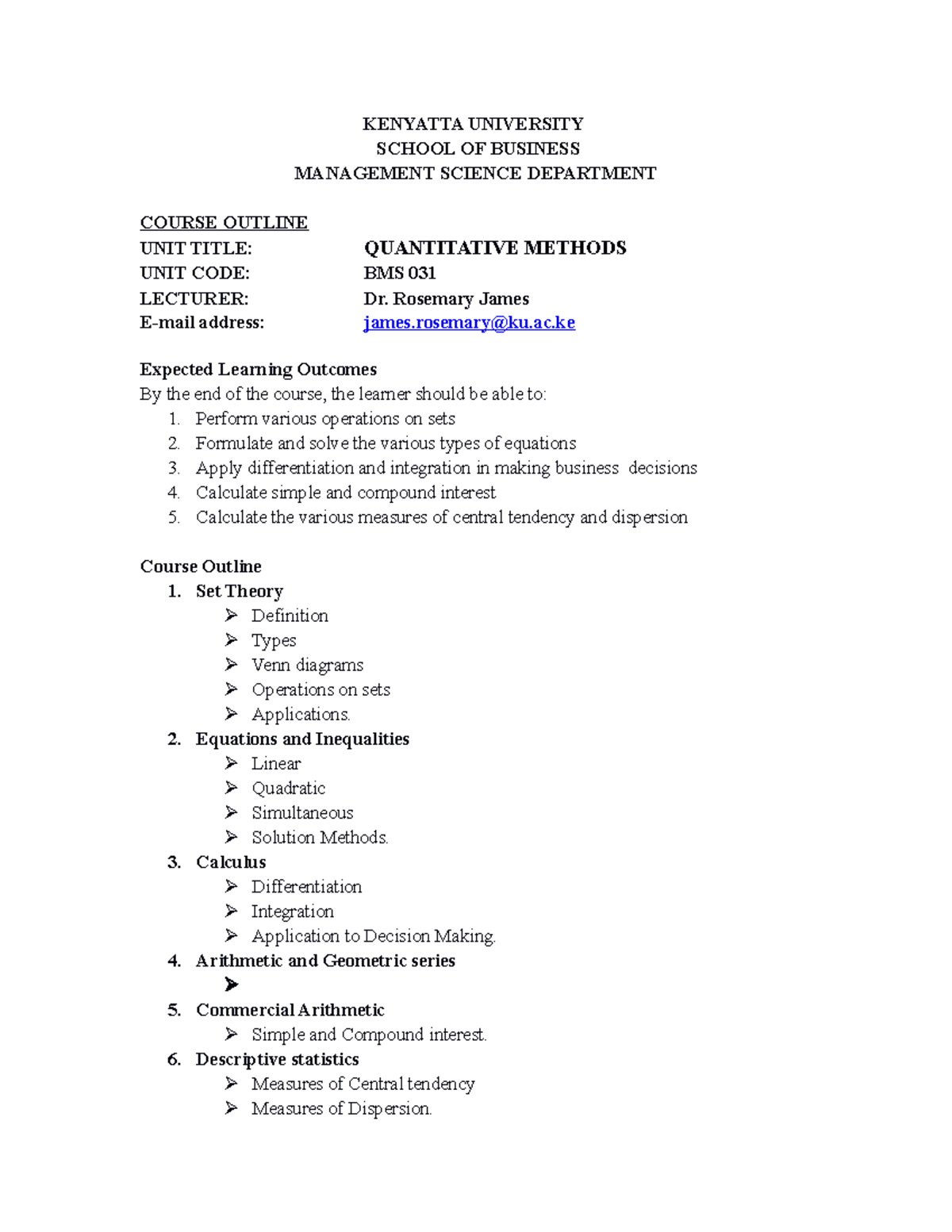 BMS 031 Course Outline - Dr. Rosemary - KENYATTA UNIVERSITY SCHOOL OF ...