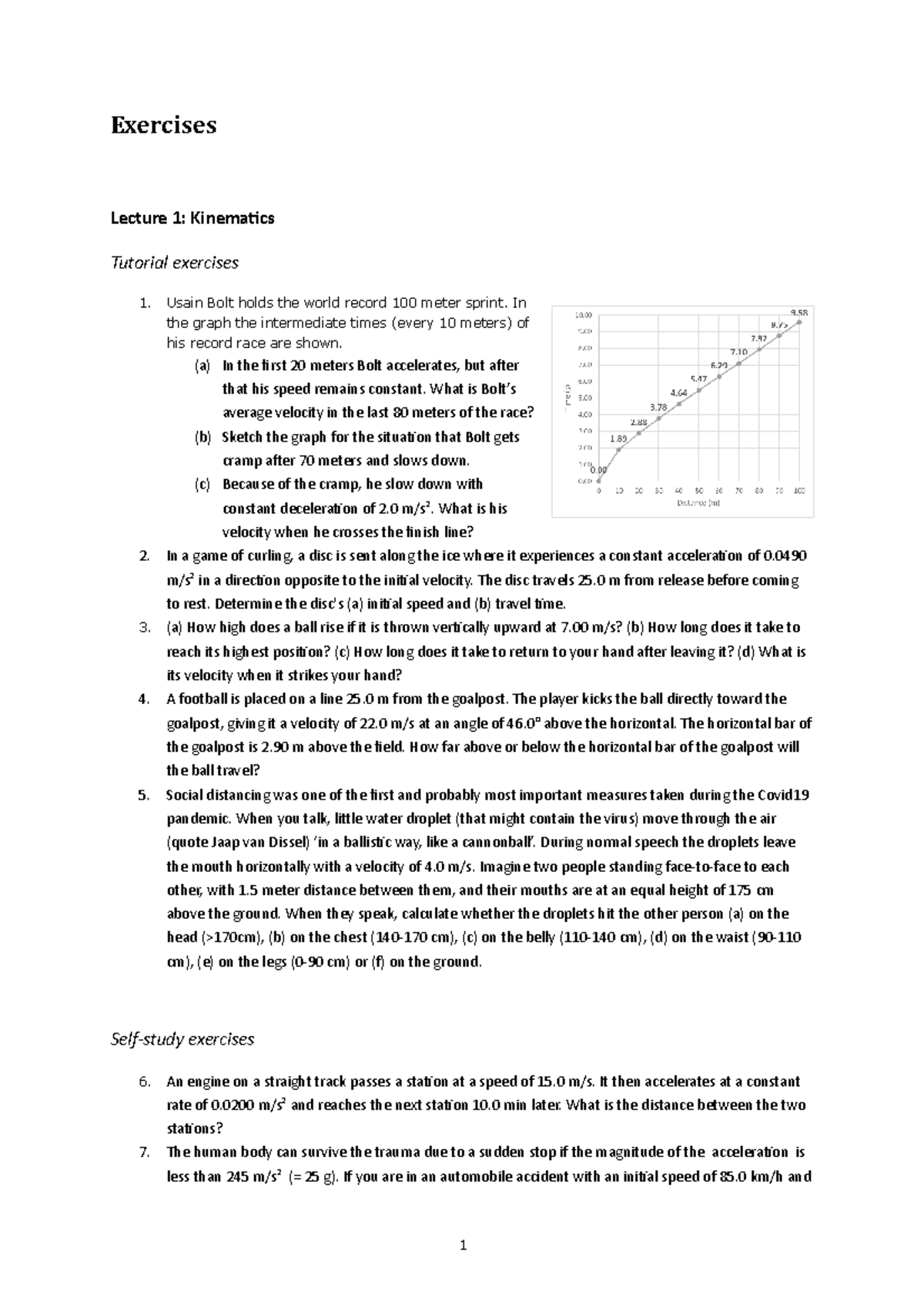 Exercises BIP10803 2022 - Exercises Lecture 1: Kinematics Tutorial exercises Usain Bolt holds ...
