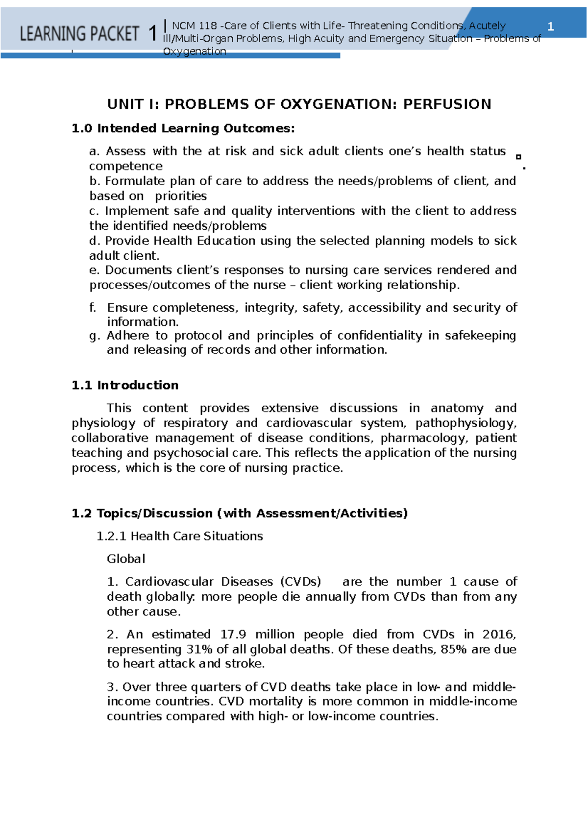 NCM 118 Module Learning Packet 12 - l UNIT I: PROBLEMS OF OXYGENATION ...