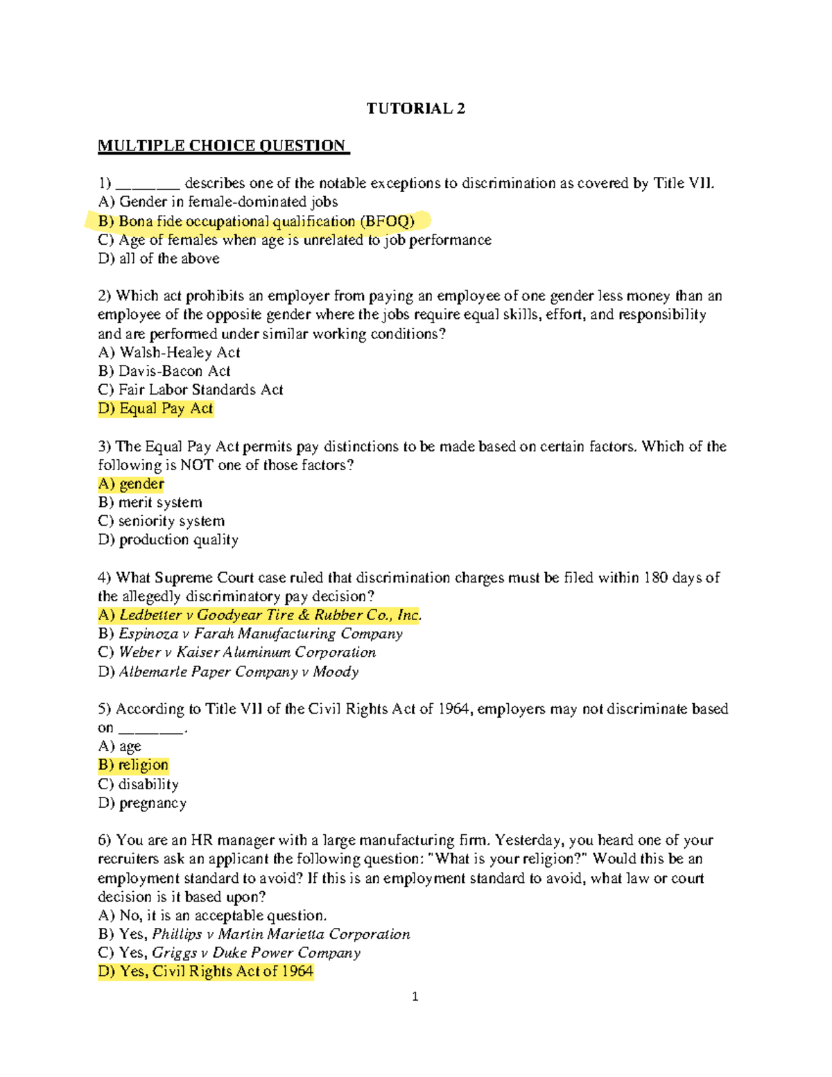 Tutorial 2 (W3) EEO, Affirmative Action AND Diversity Q) - TUTORIAL 2 MULTIPLE CHOICE QUESTION 1 ...