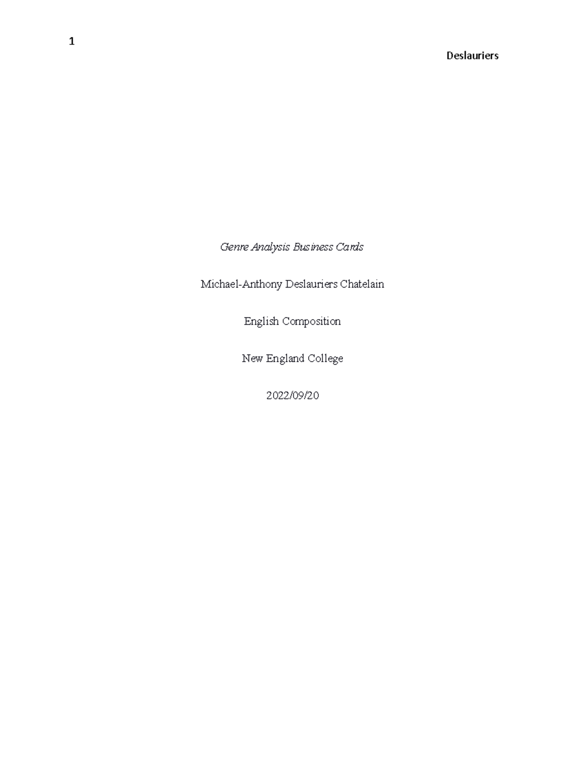 Draft genre analysis - Deslauriers Genre Analysis Business Cards ...