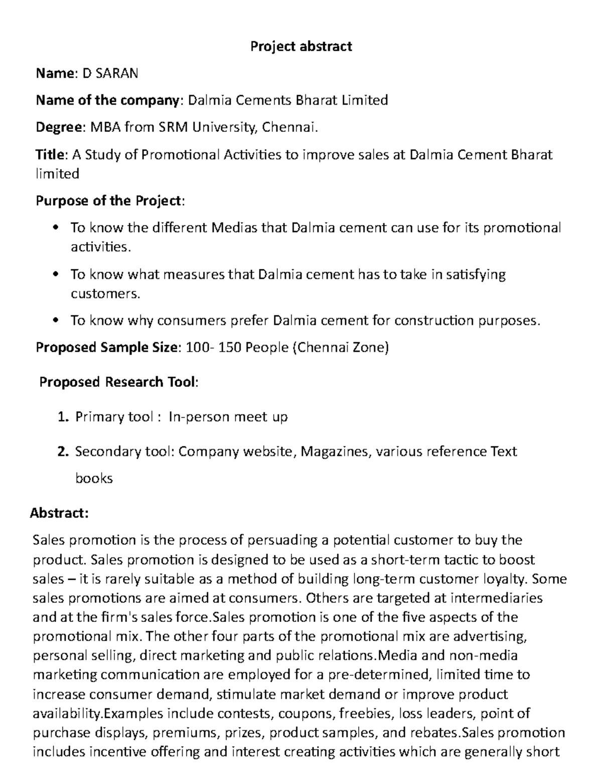 Project abstract - Project abstract Name: D SARAN Name of the company ...