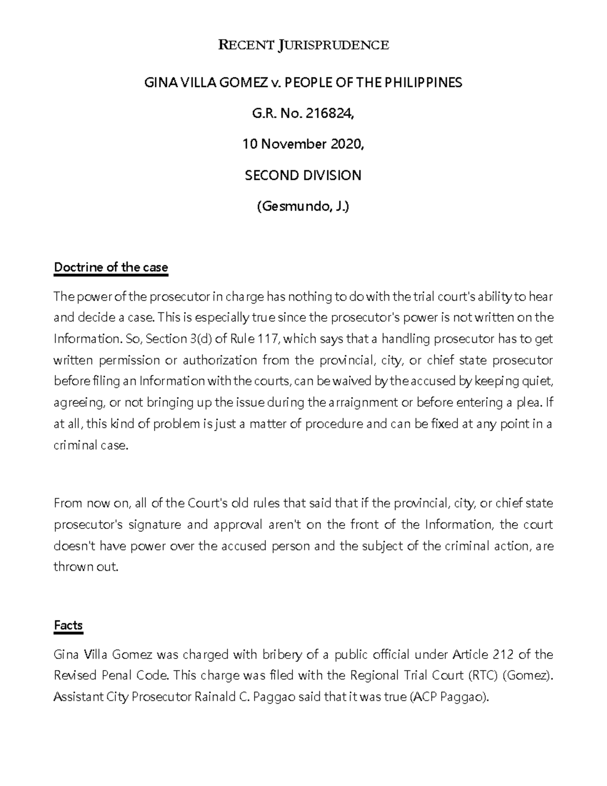 Obligations and Contracts Case digest 30 - GINA VILLA GOMEZ v. PEOPLE ...