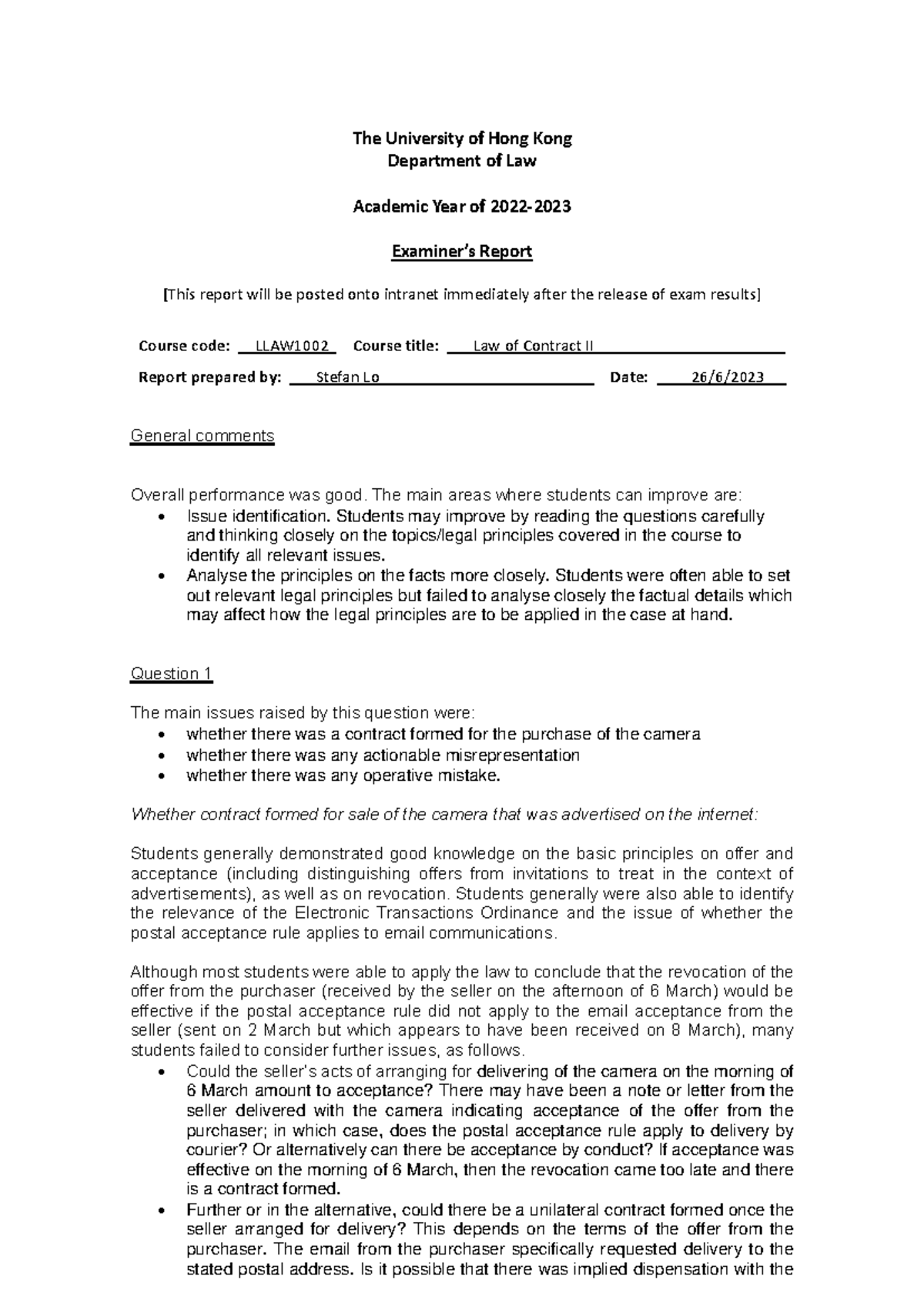 Examiners Report Template LLAW1002 2022-2023 Sem 2 - The University of ...