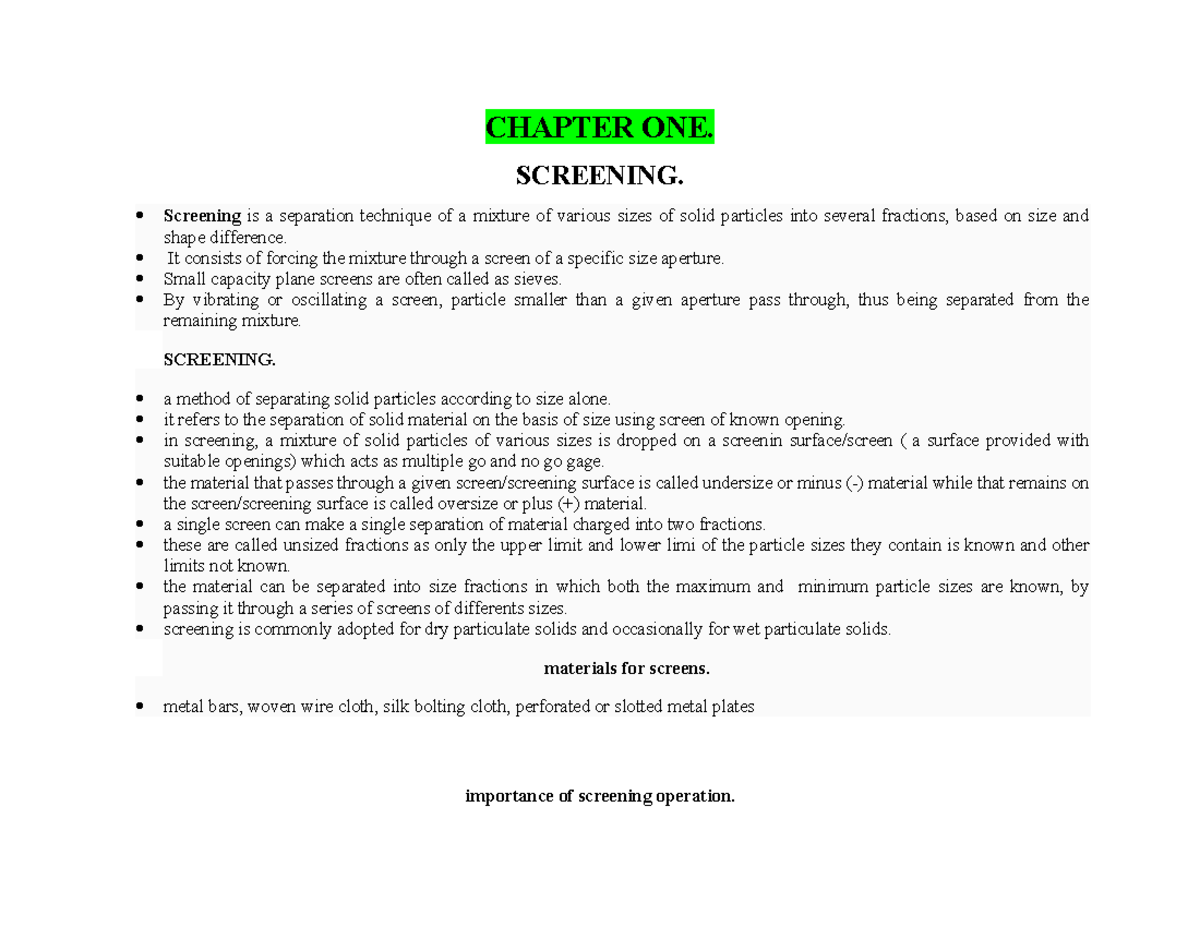 Module 2 egineering - CHAPTER ONE. SCREENING. Screening is a separation ...