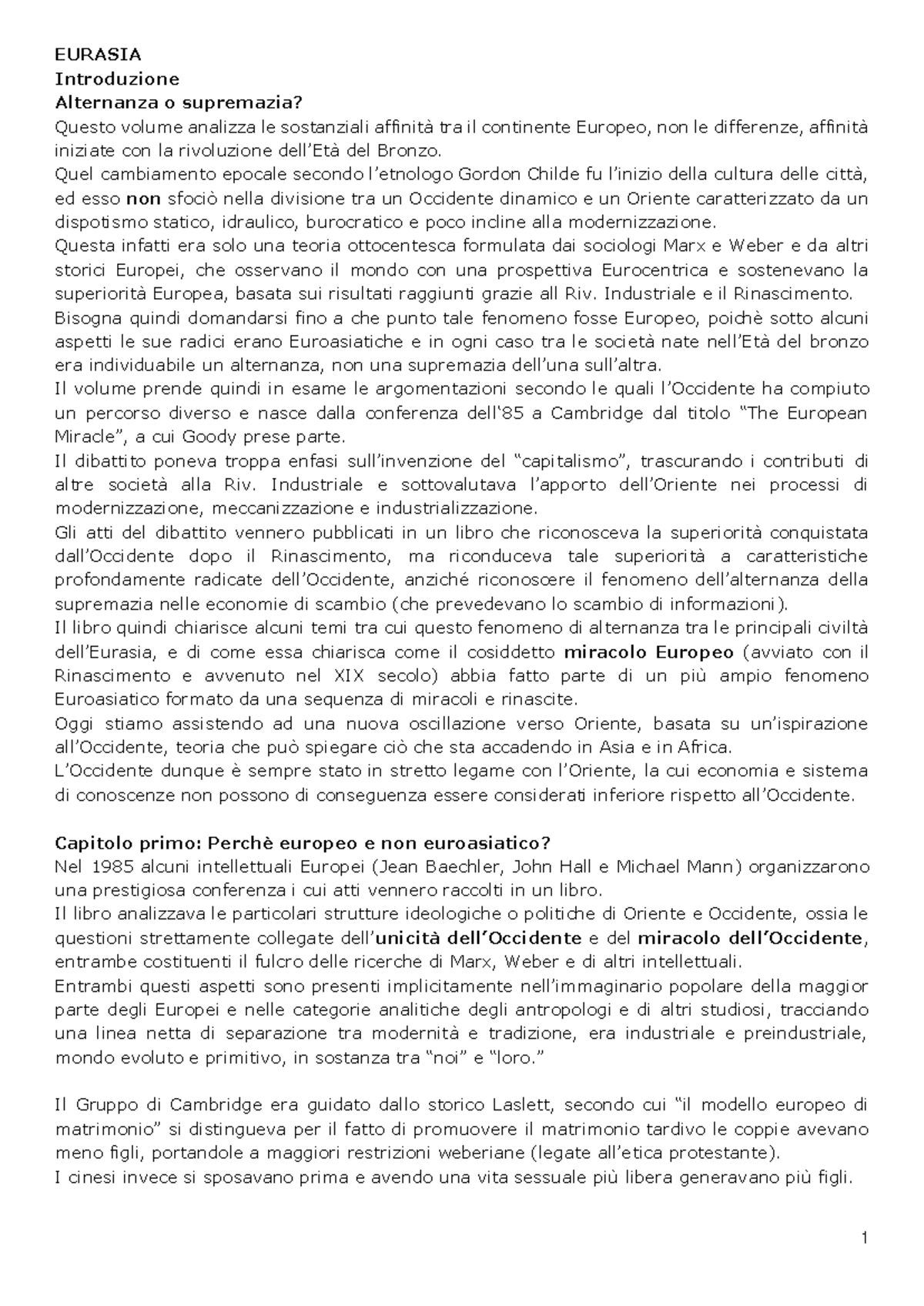 Eurasia di Jack Goody riassunto - EURASIA Introduzione Alternanza o ...