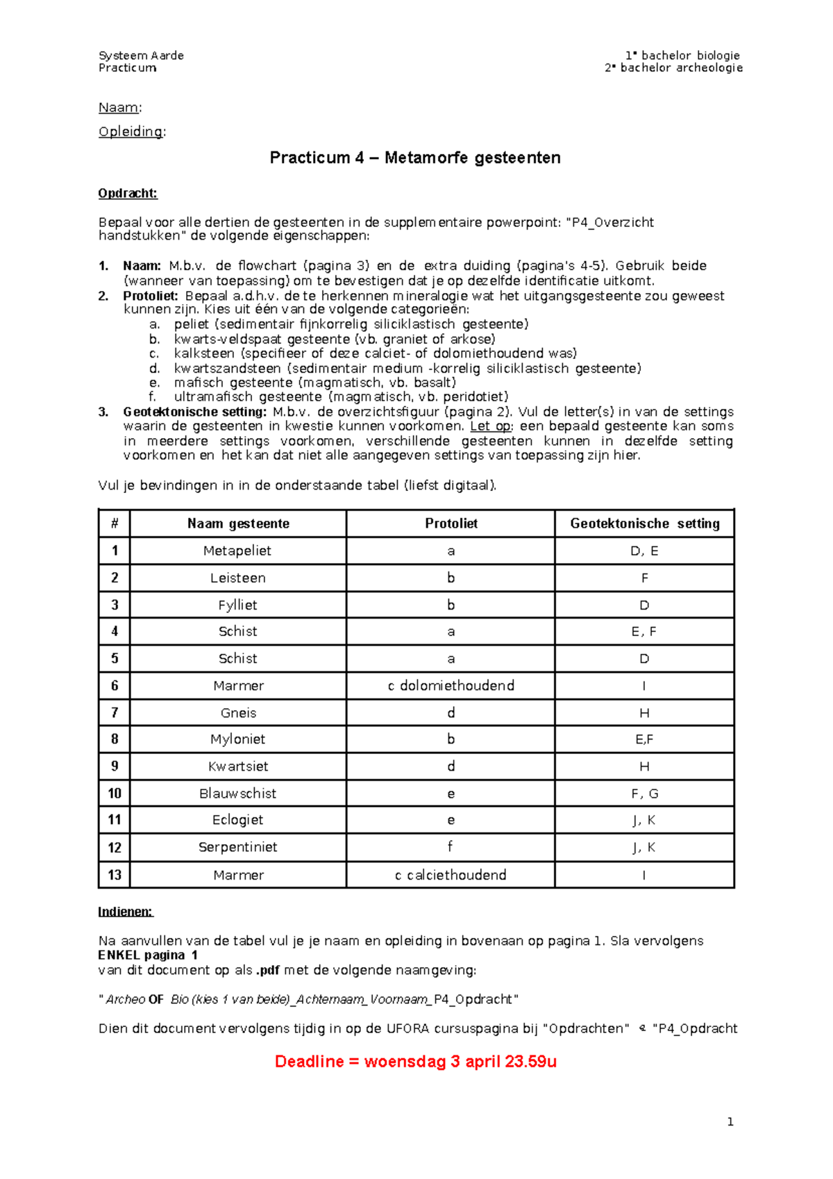 Practicum 4 – Metamorfe gesteenten Geologie - Systeem Aarde 1 e ...