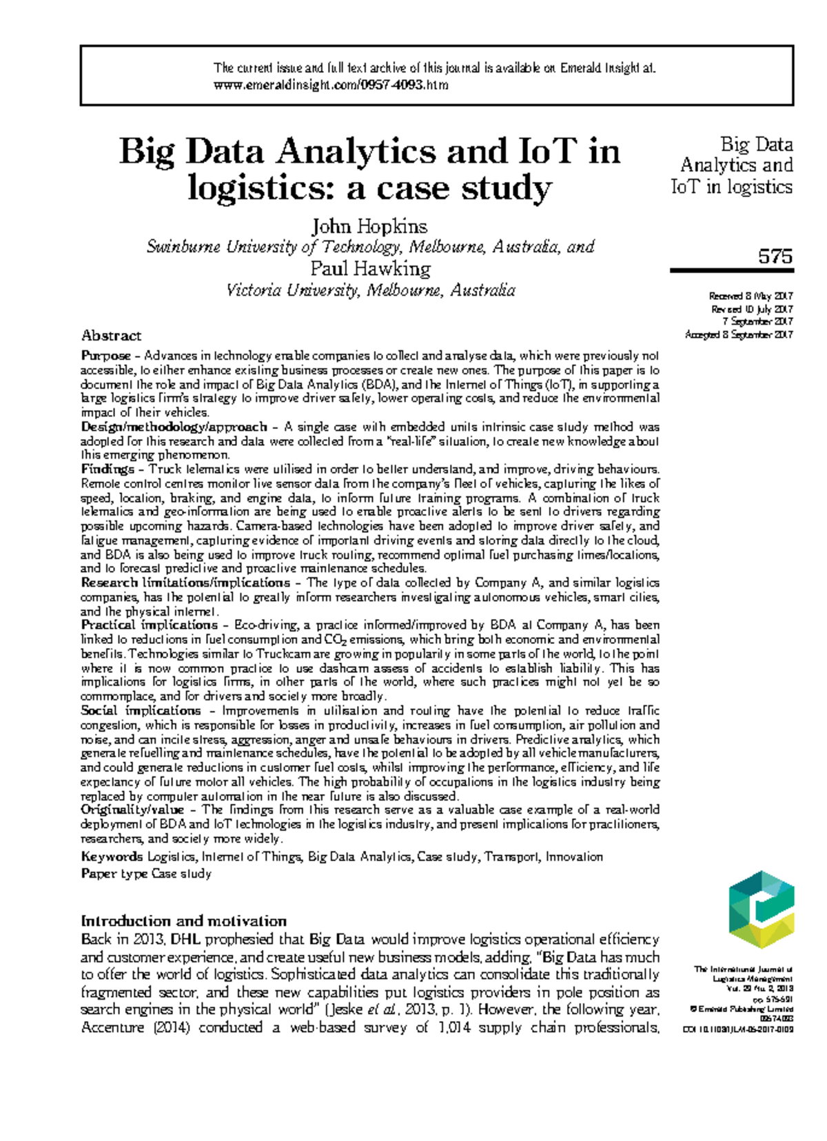 Big Data Analytics and Io T in logistics- a case study - Big Data ...