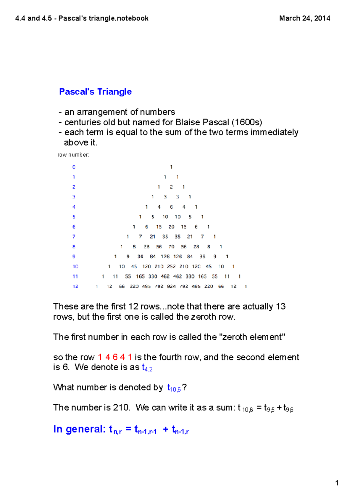4.4 and 4.5 - Pascals triangle - Pascal's Triangle an arrangement of ...