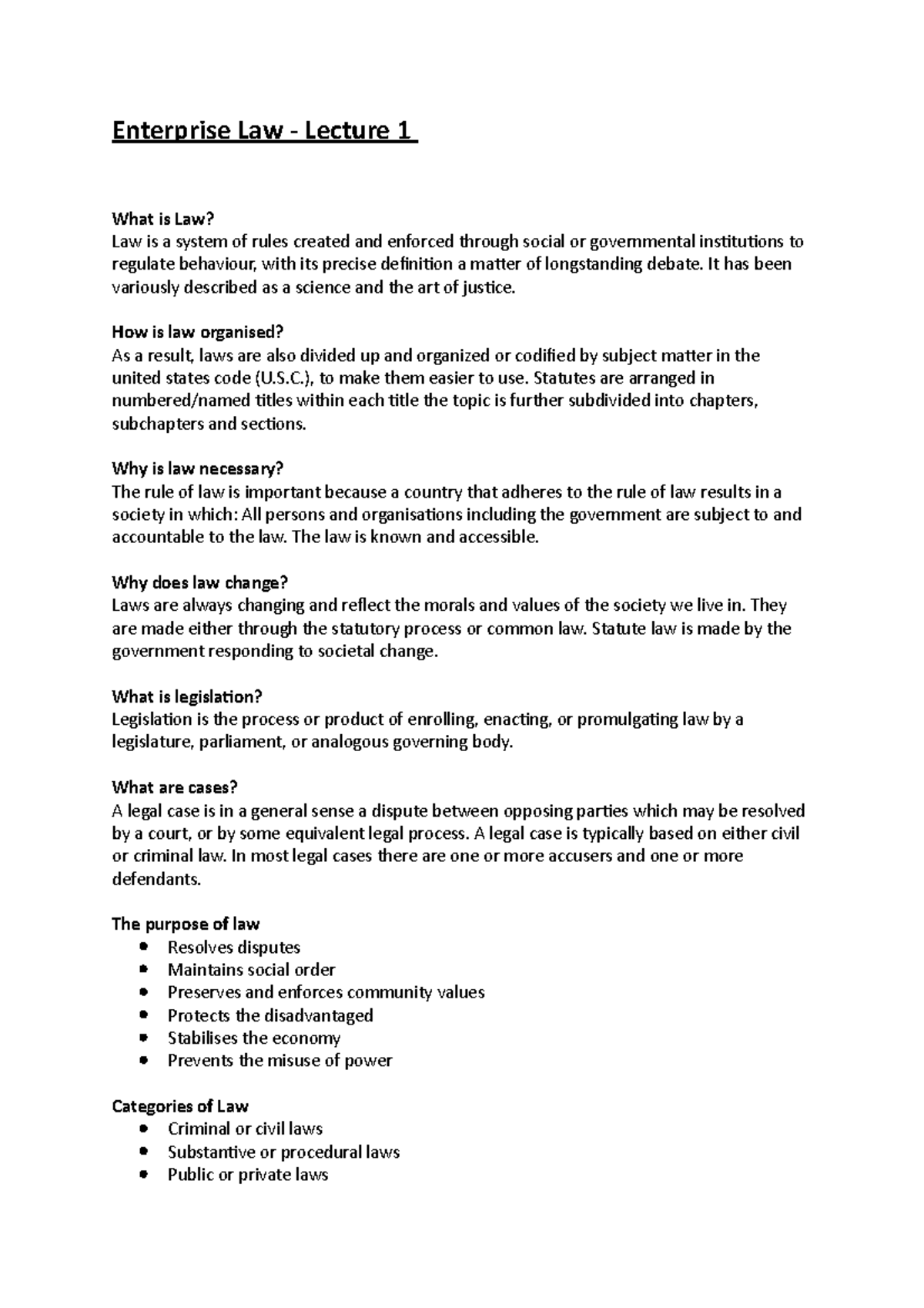 Enterprise Law Lecture 1 notes - Enterprise Law - Lecture 1 What is Law ...