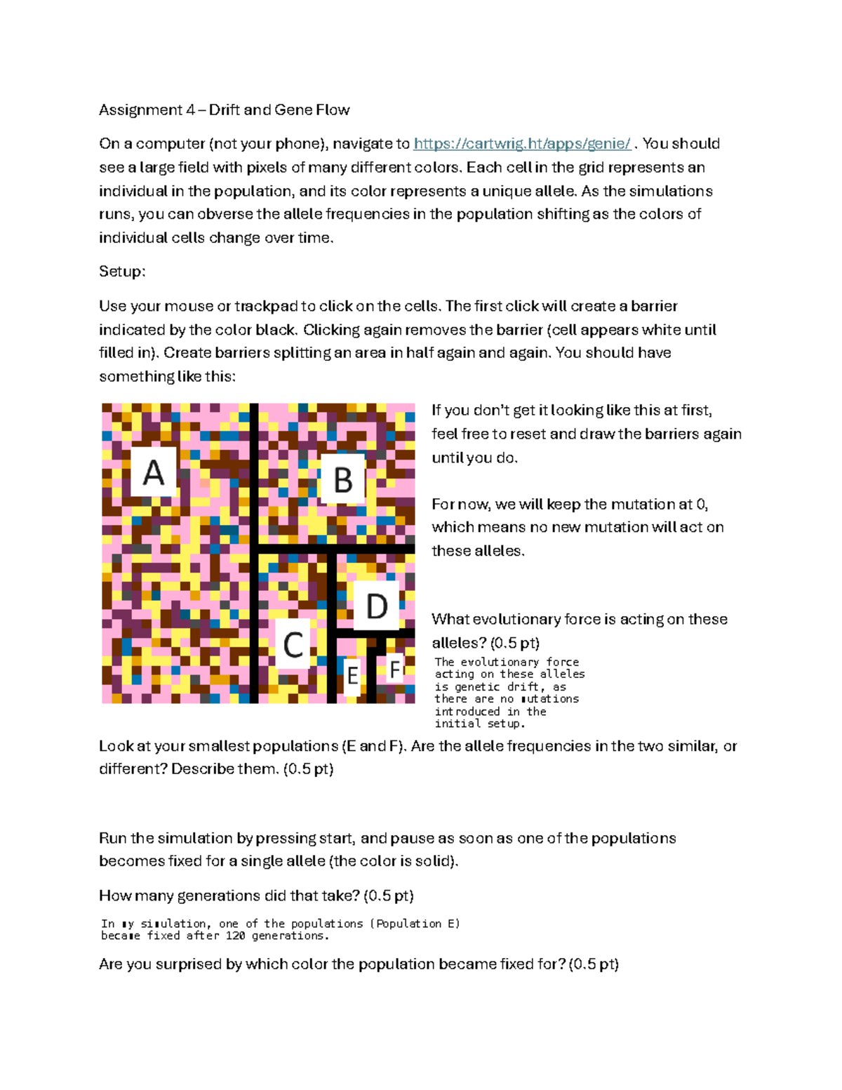 Assignment 4 - Evolution assessment - Assignment 4 – Drift and Gene Flow On a computer (not your ...