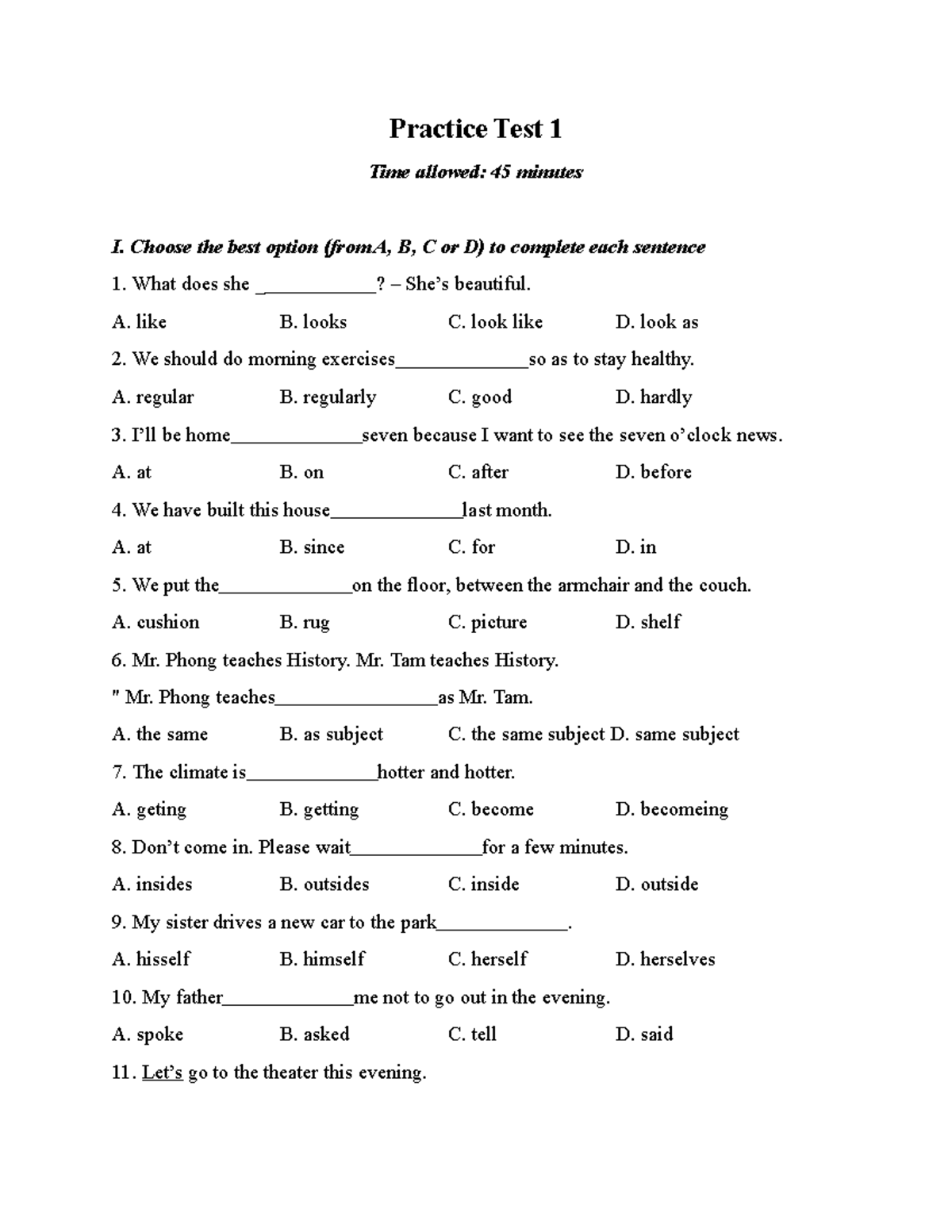 Bộ Đề Luyện Tập - Practice Materials - Practice Test 1 Time allowed: 45 ...