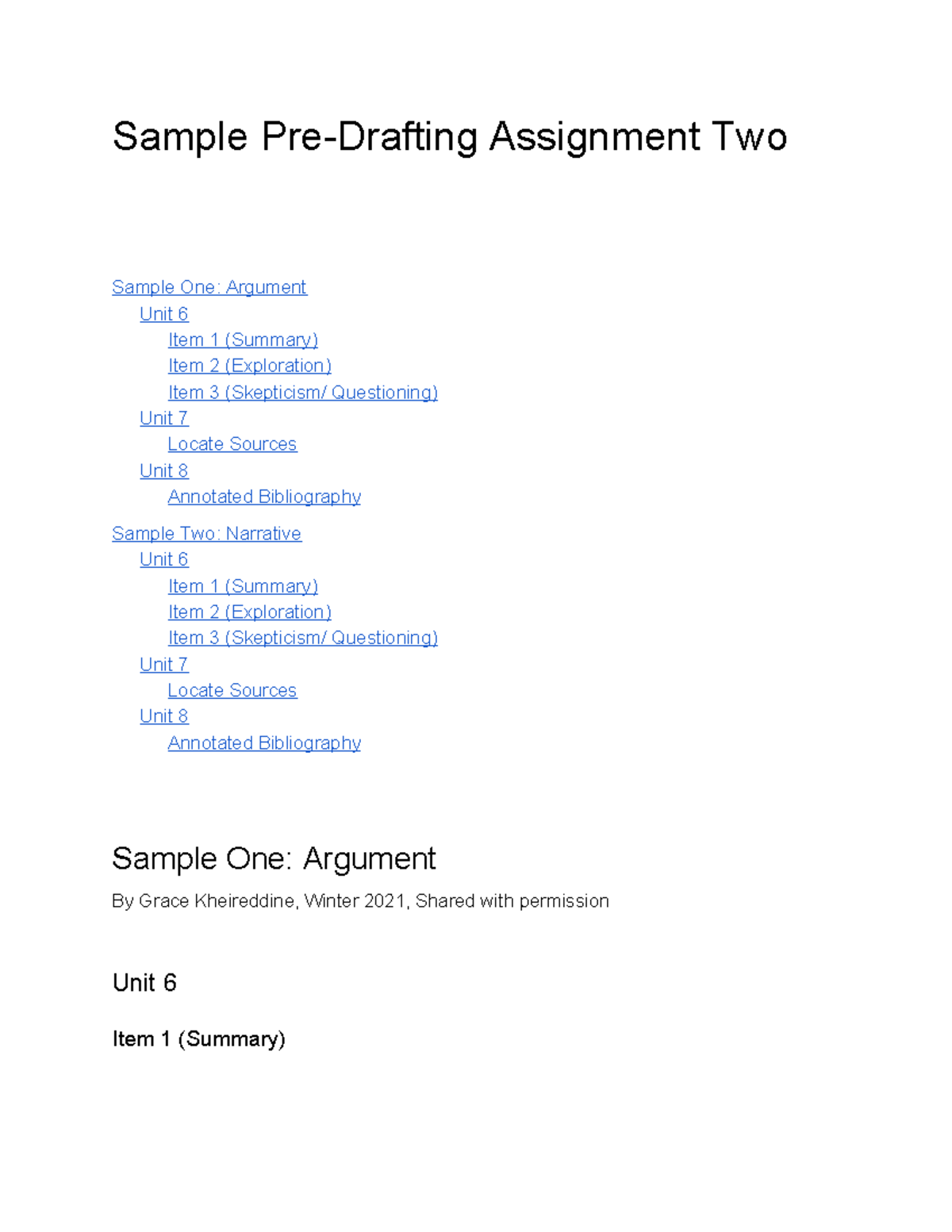 Sample Short Assignment Two - Sample Pre-Drafting Assignment Two Sample One: Argument Unit 6 ...