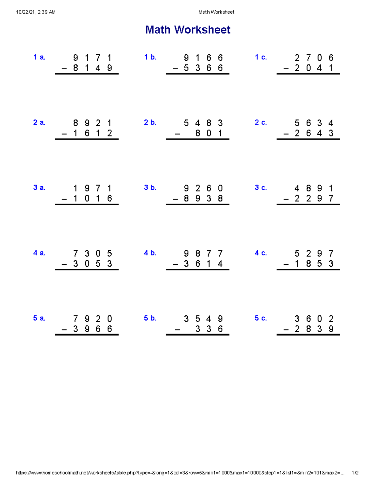 4-digit subtraction Worksheet - 10/22/21, 2:39 AM Math Worksheet 3 b. 9 ...