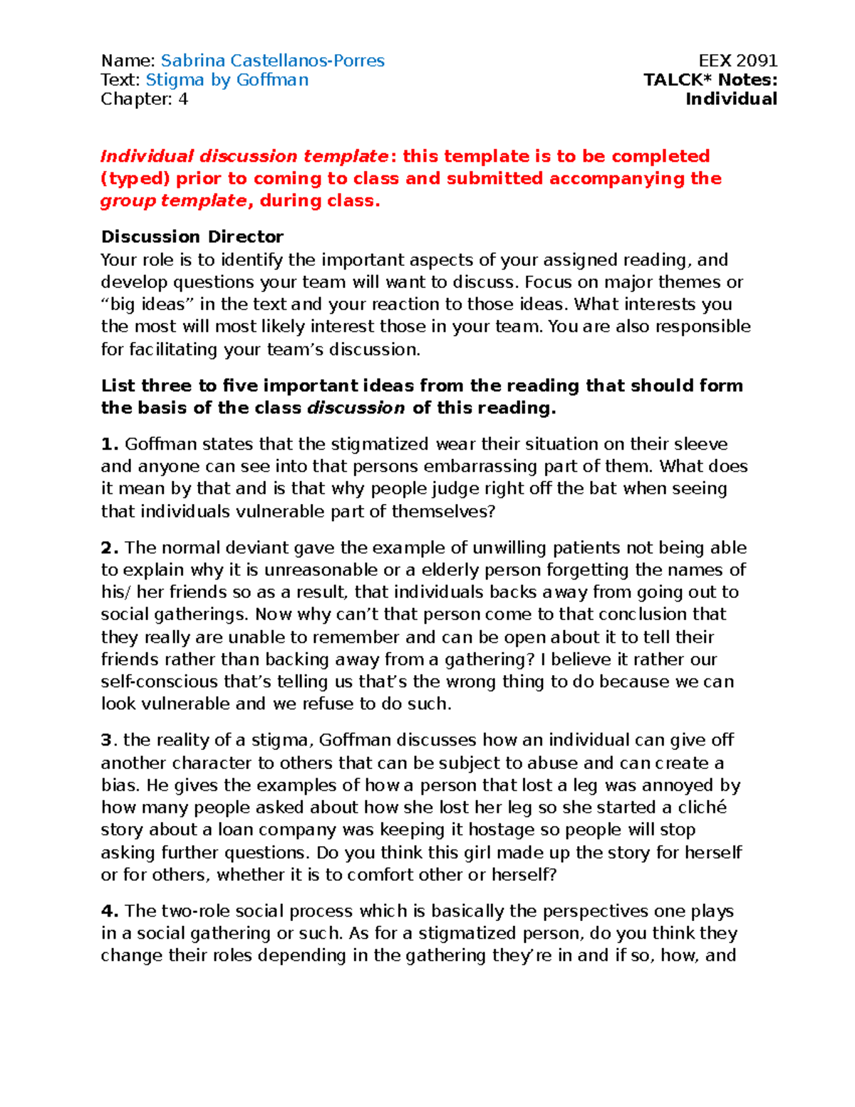 Print today - Lecture notes Stigma Chapters - Name: Sabrina Text ...