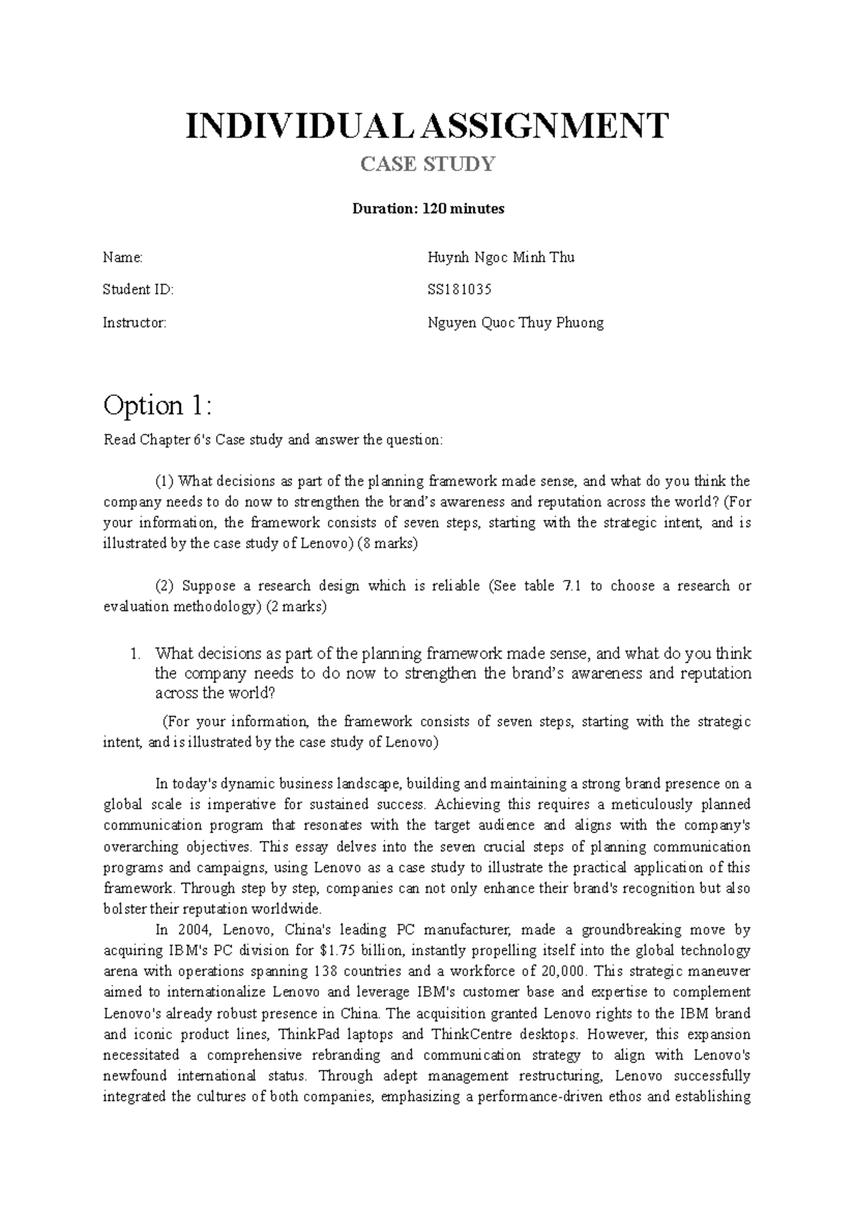 Individual assignment - INDIVIDUAL ASSIGNMENT CASE STUDY Duration: 120 ...