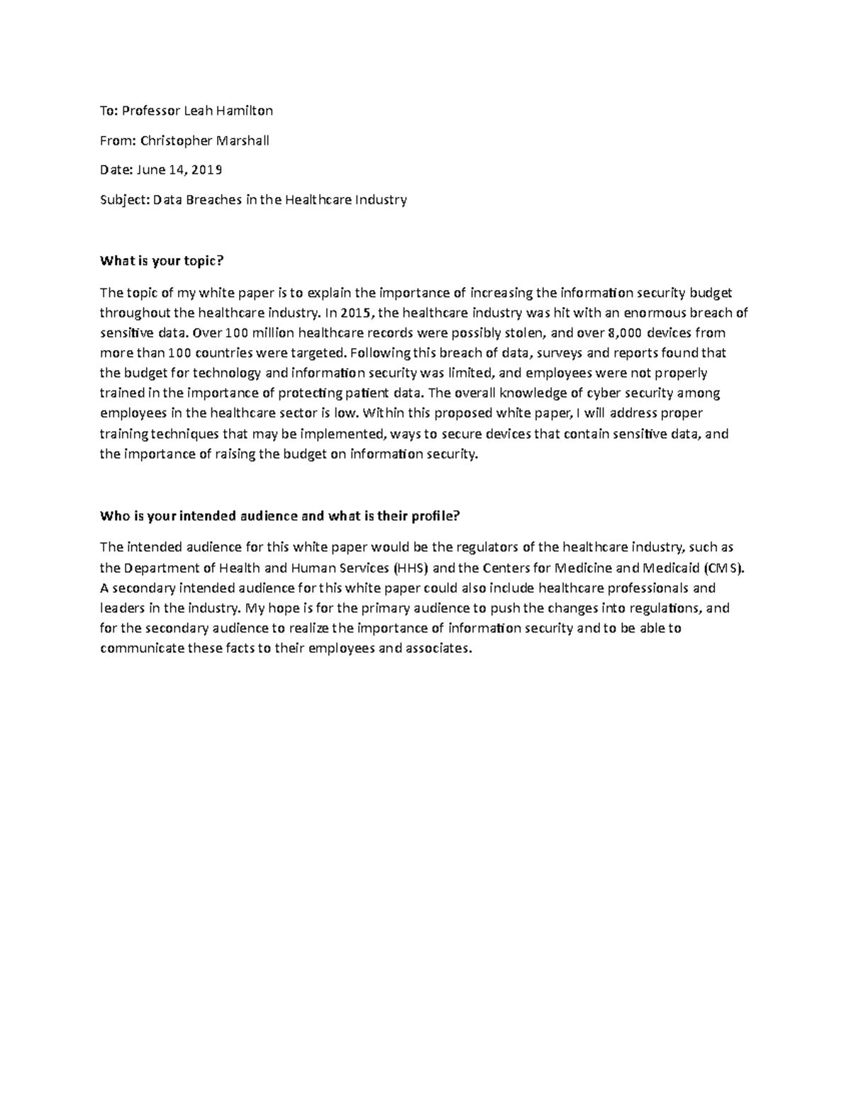Assignment 3 - White Paper Memo - To: Professor Leah Hamilton From ...