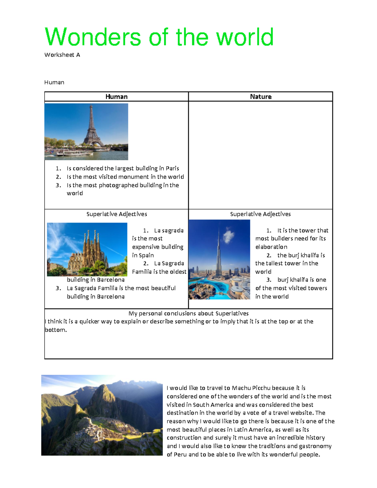 Level 3 - Unit 3 Worksheet A (RSC) - Wonders of the world Worksheet A ...