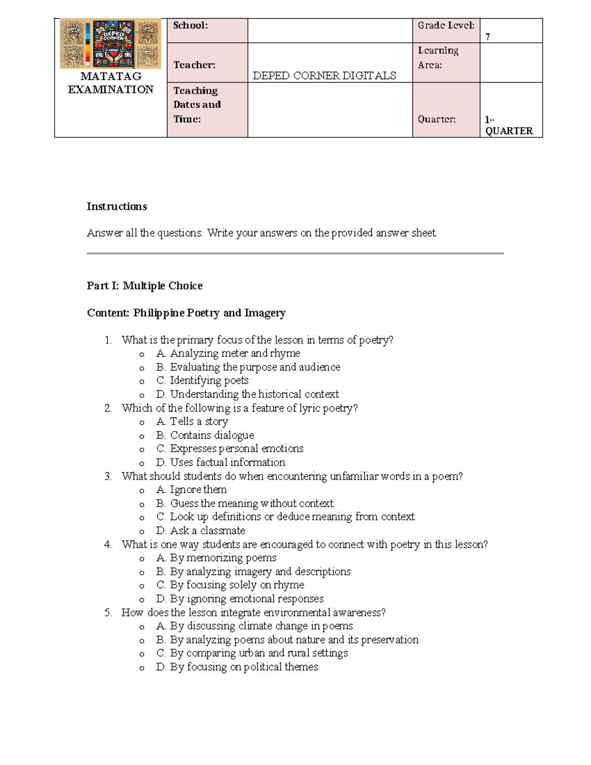 English- Deped Corner Digitals - Instructions Answer all the questions ...