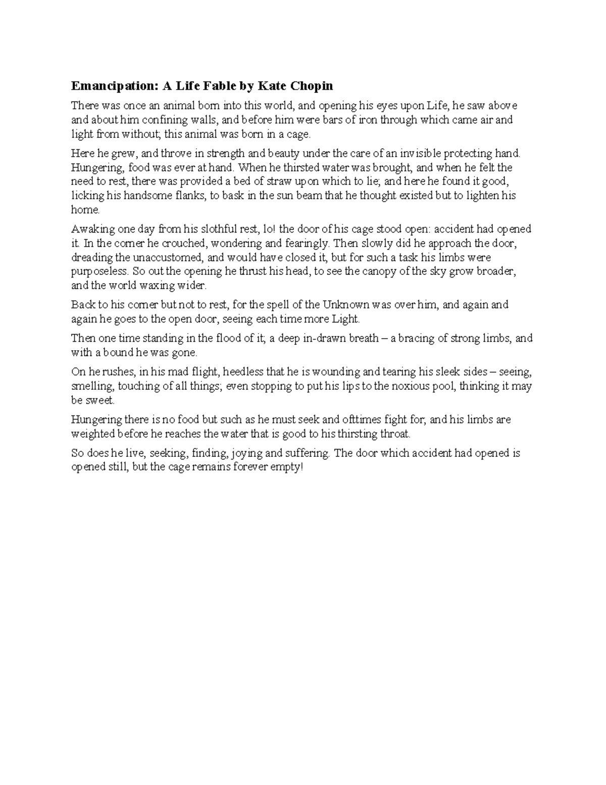 Emancipation - Notes - Emancipation: A Life Fable by Kate Chopin There ...