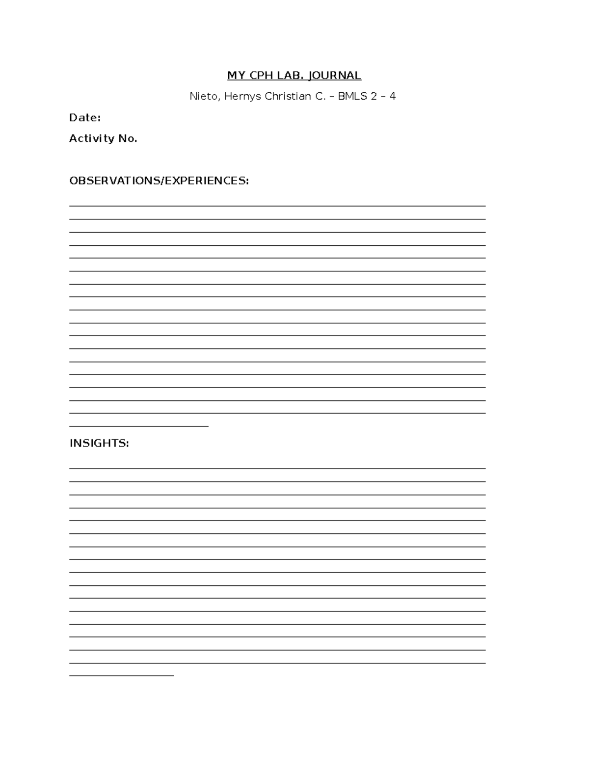 CPH lab journal - medtech reviewer - MY CPH LAB. JOURNAL Nieto, Hernys ...